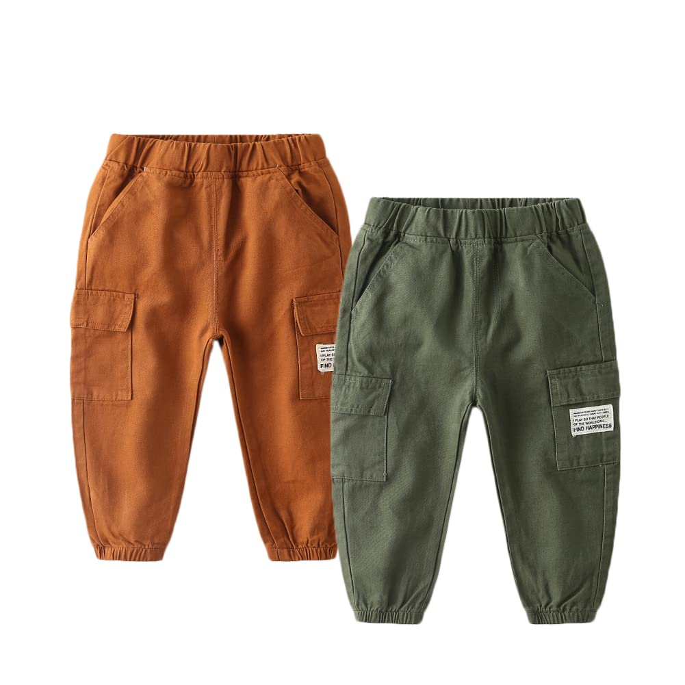 Feidoog Toddler Baby Boys 2 Pack Sweatpants Solid Cotton Elastic Waist Trousers Active Jogger Pants,Green+Coffee,3-4T