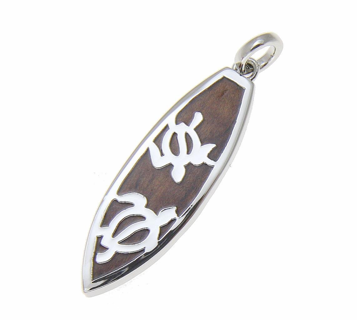 Arthur's Jewelry Koa Wood Hawaiian Honu Sea Turtle Surfboard Rhodium Plated Brass Pendant
