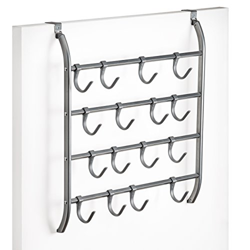 Lynk® Over Door or Wall Mount 16 Hook Rack - Shirt, Belt, Hat, Coat, Towel, Purse, Bra Organizer - Platinum