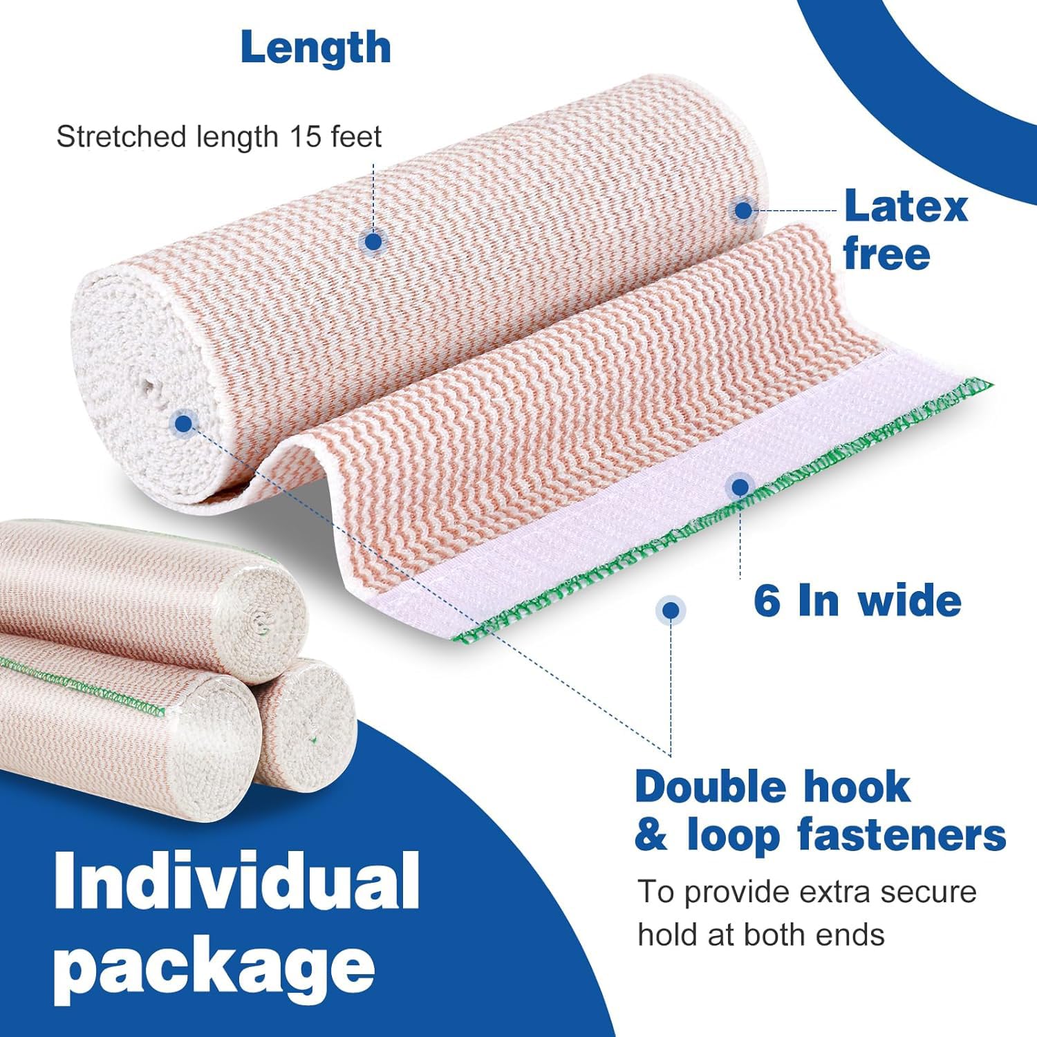 AZEN Premium 5 Pack Elastic Bandage Wrap 6 Inch, Compression Wrap Bandage for Legs, Ankle, Knee, Tummy, Body, Latex-Free, Lymphedema Wraps for Legs