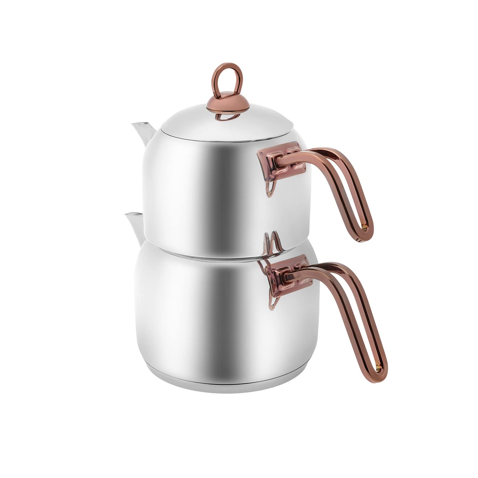 Karaca Manes Medium Turkish Teapot Set - Stainless Steel Teapot with Lid - (Turkish Tea Pot 1.35 Liters & Water Tank 1.95 Liters) - Non-Burning Bakelite Handles Midi Tea Maker & Induction Tea Kettle
