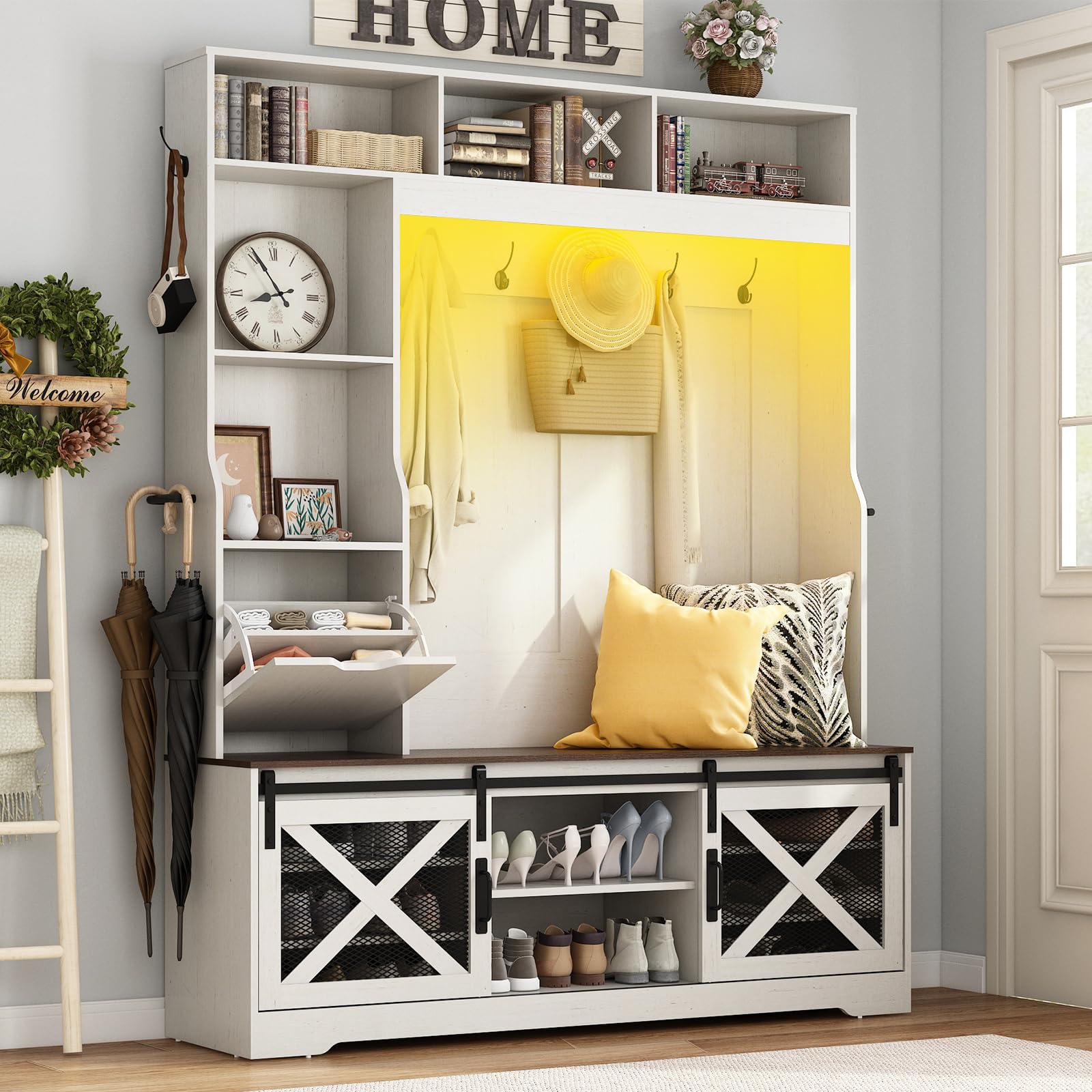 chartustriable 75''H LED Farmhouse Hall Tree with Bench and Shoe Storage,Entryway Bench with Coat Rack,16 Shoe Cubbies & Umbrella Holder and Sock Storage Drawer,Mudroom/Hallway Storage Cabinet