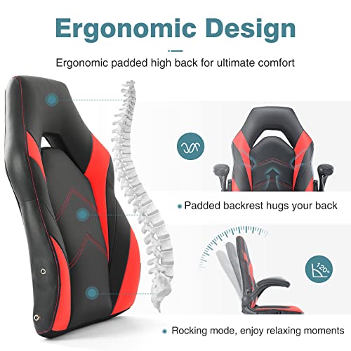 Office Chairs - Ergonomic Gaming Executive Desk Chairs with Flip-up Armrests and Lumbar Support, Adjustable Swivel Rolling Chair, Red