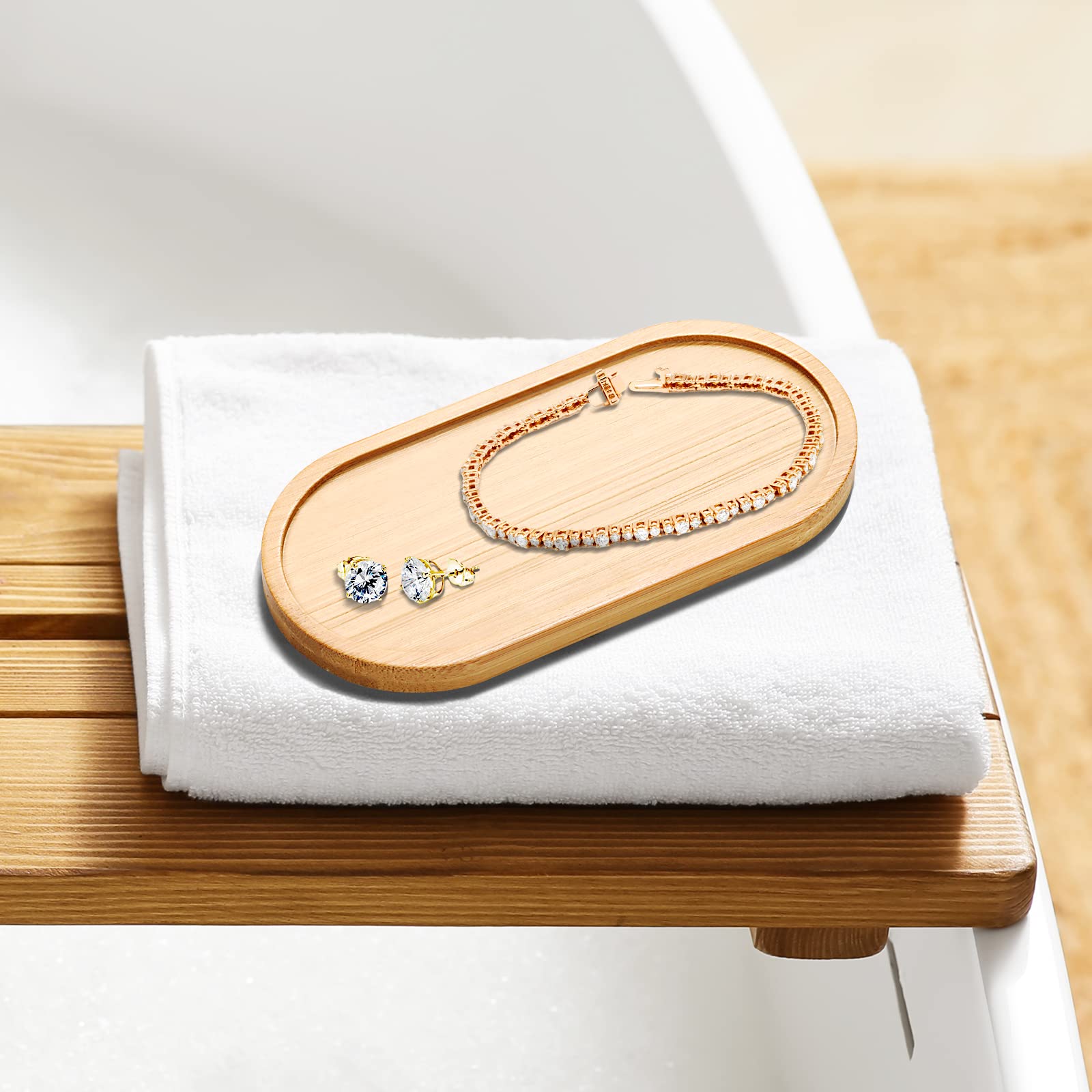Bamboo Soap Dispenser Tray, Multi Use Bathroom Counter Tray, Rounded Edges Bamboo Oil and Vinegar Glass Bottle Tray for Dresser Counter Head Ornament Tissues Candles