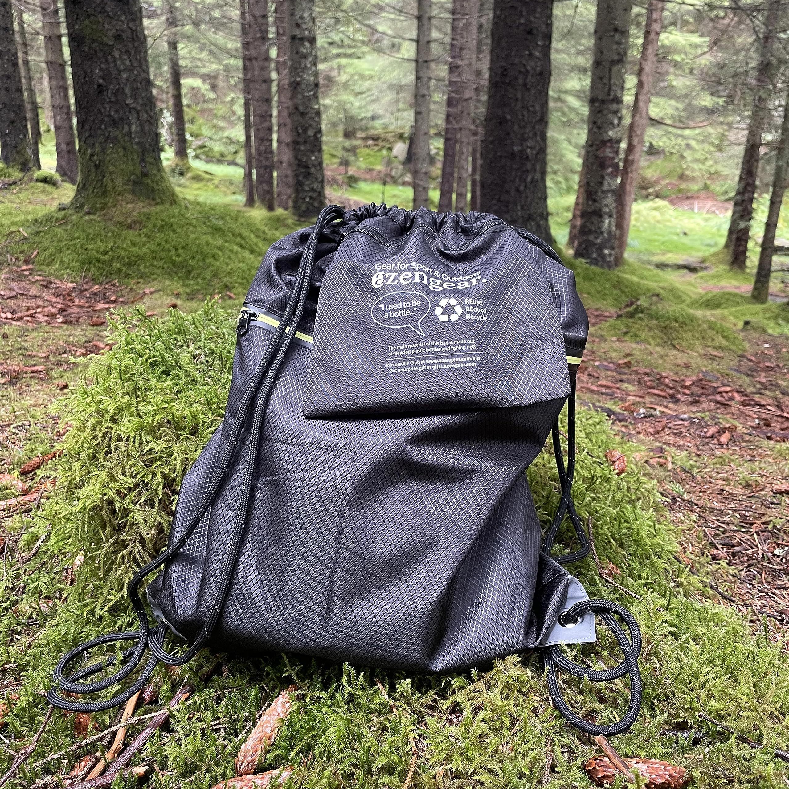 aZengear Drawstring Bag (16x19” / 40x50cm) from Waterproof Recycled Polyester for Gym, PE, Sport, Swimming | Light Reflective Zip Pockets and String (Black)
