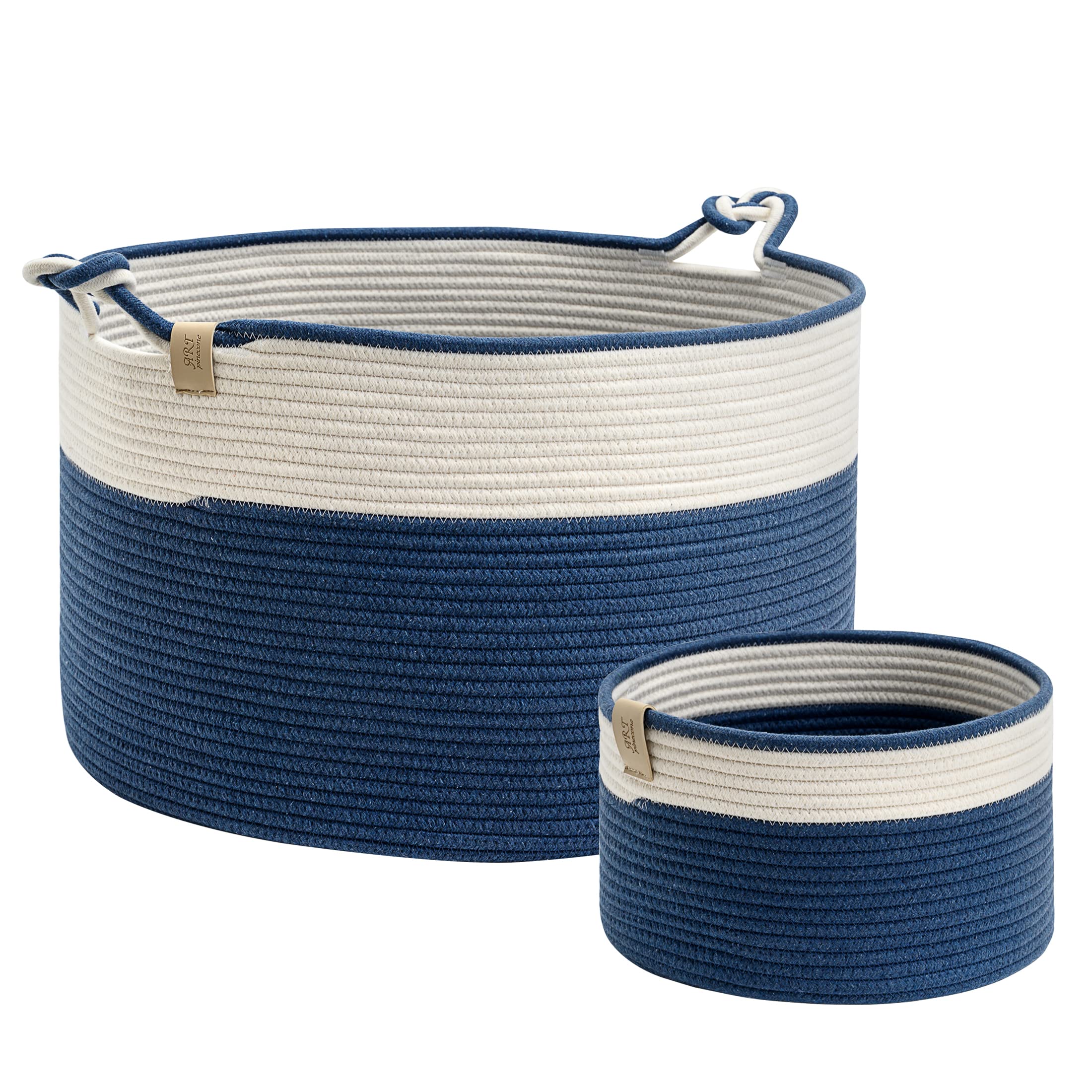 ART pinecone 2pc Extra Large(21.7*13.8) & Small(11.8*7.8) Cotton Rope Basket, Round Woven Storage Basket, Cute Toy Basket, Baby Nursery Hamper, Shelf Decorative Bin, Blue & White