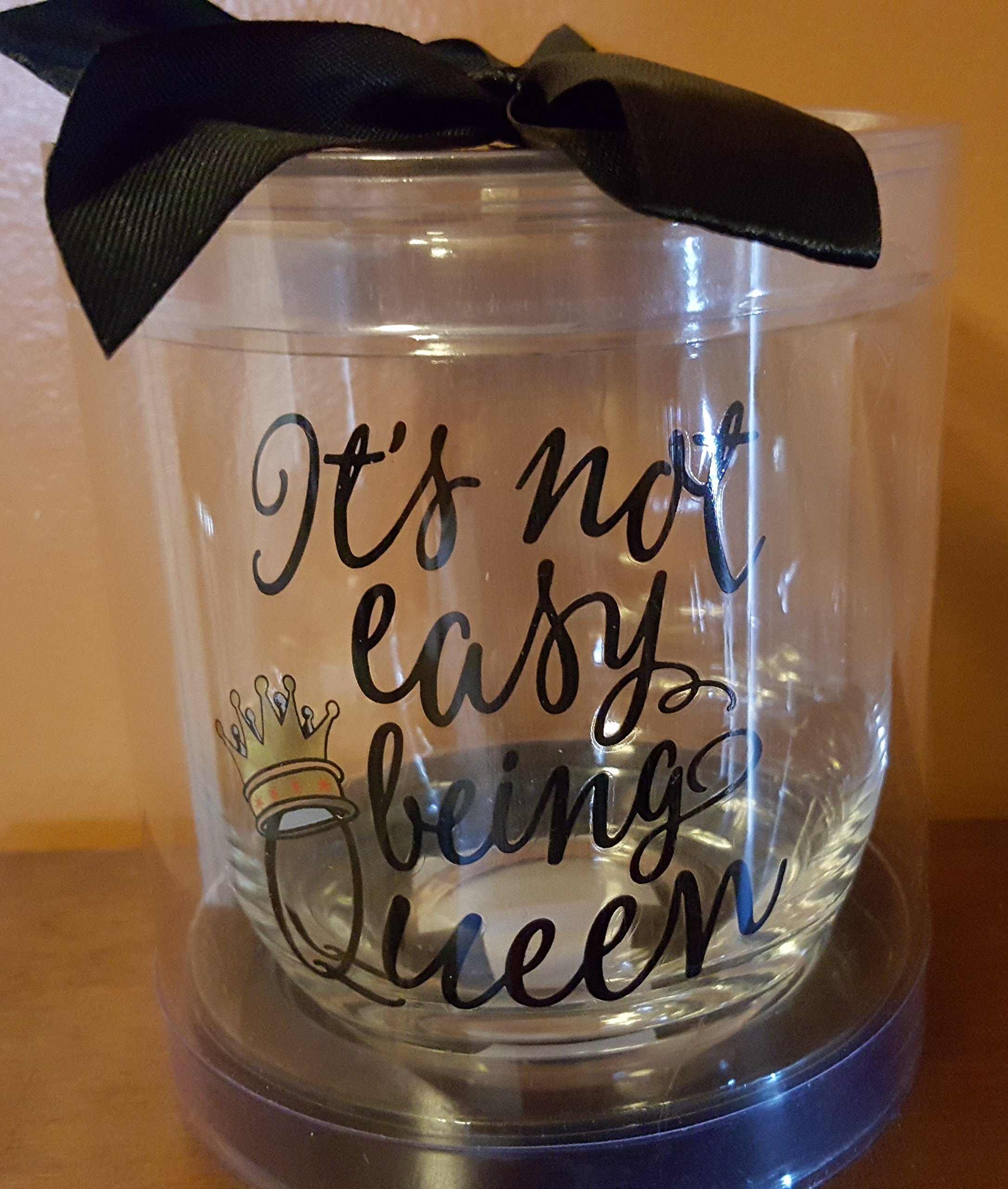 BnB Novelty Stemless Wine Glass Its Not Easy Being Queen Funny Gift 16 ounce Clear Glass with Black Script and Gold Crown in Acetate Box with Black Satin Bow, 1 per order