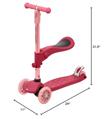 Retrospec Chipmunk Plus Kids’ Kick Scooter 3+ Years - Height Adjustable 3 Wheel Scooters - Learn to Steer, Foldable Seat, LED Lights, & No-Slip Deck - Bubblegum