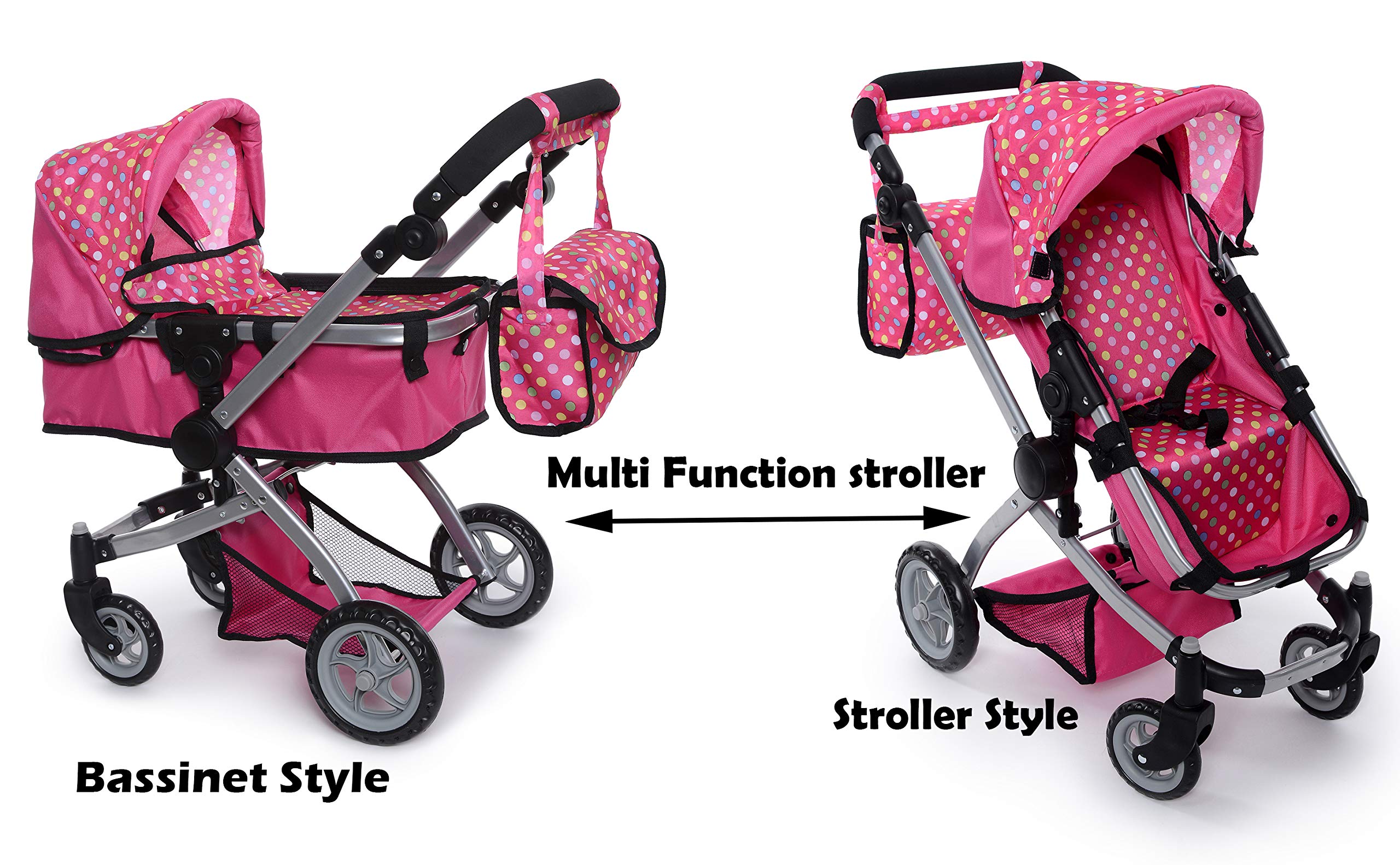Fash N Kolor | Foldable Pram for Baby Doll with Flower Design with Swiveling Wheel Adjustable Handle Bassinet Stroller with Baby Doll, Convertible Seat, and Basket, and Free Carriage Bag