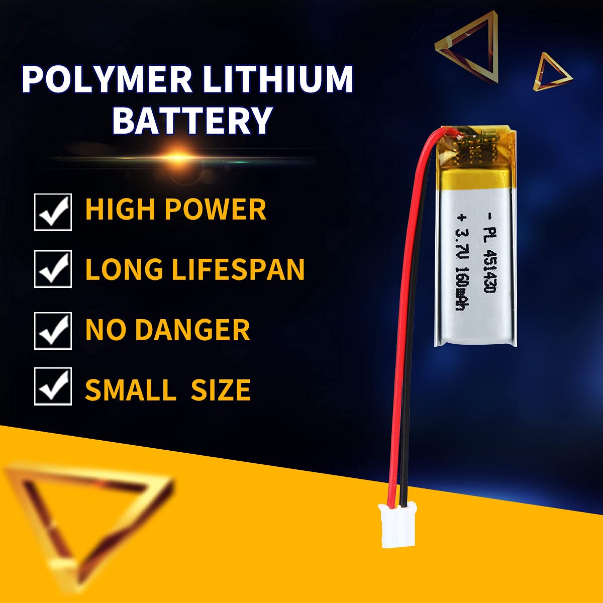 YDL 3.7V 160mAh 451430 Lipo Battery Rechargeable Lithium Polymer ion Battery Pack with JST Connector