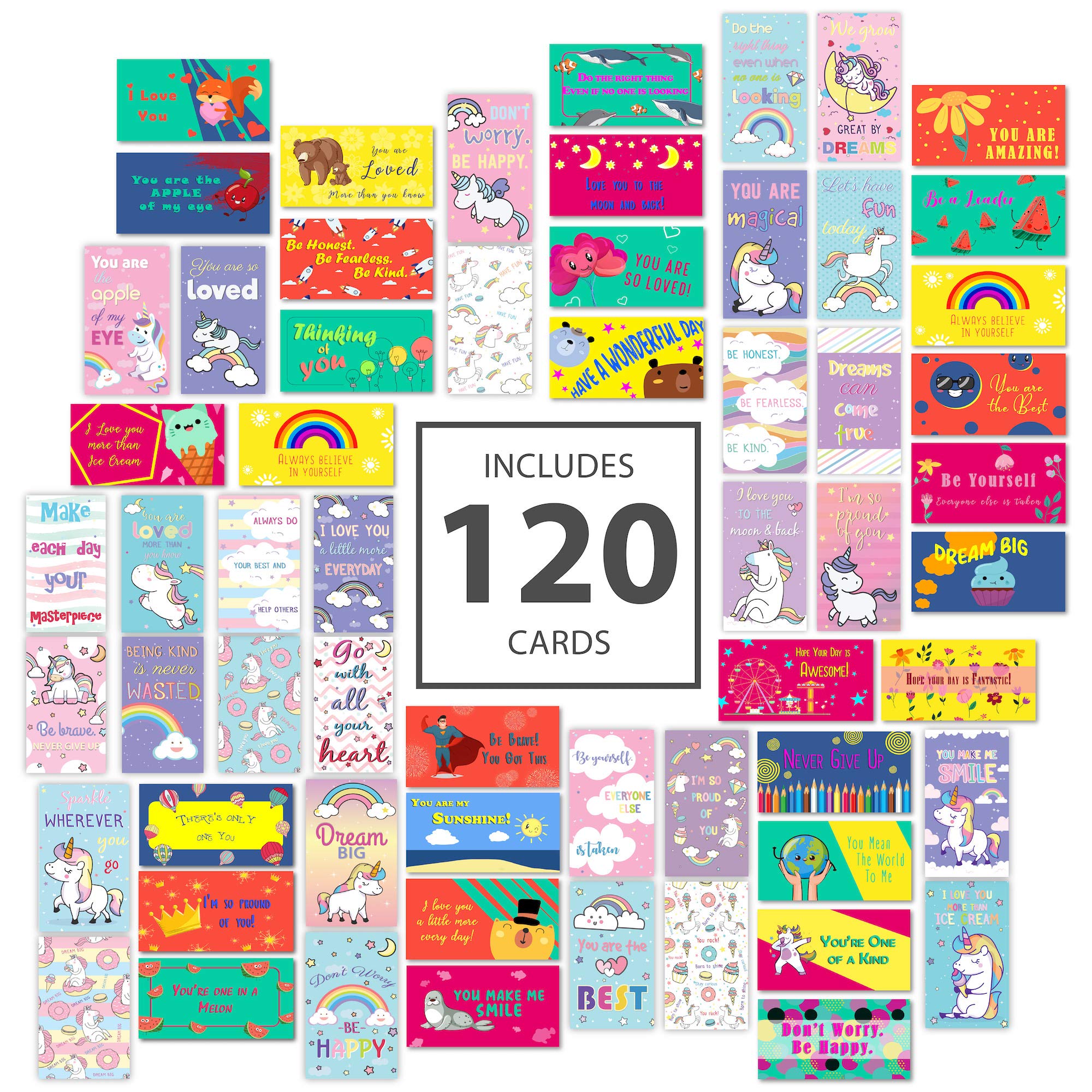 Avamie 120 Pack Lunch Box Notes for Kids- Motivational Inspirational Lunch Box Love Notes 60 Unique Designs 2x3.5 inch Dimension (Unicorn Theme+ Colorful Theme)