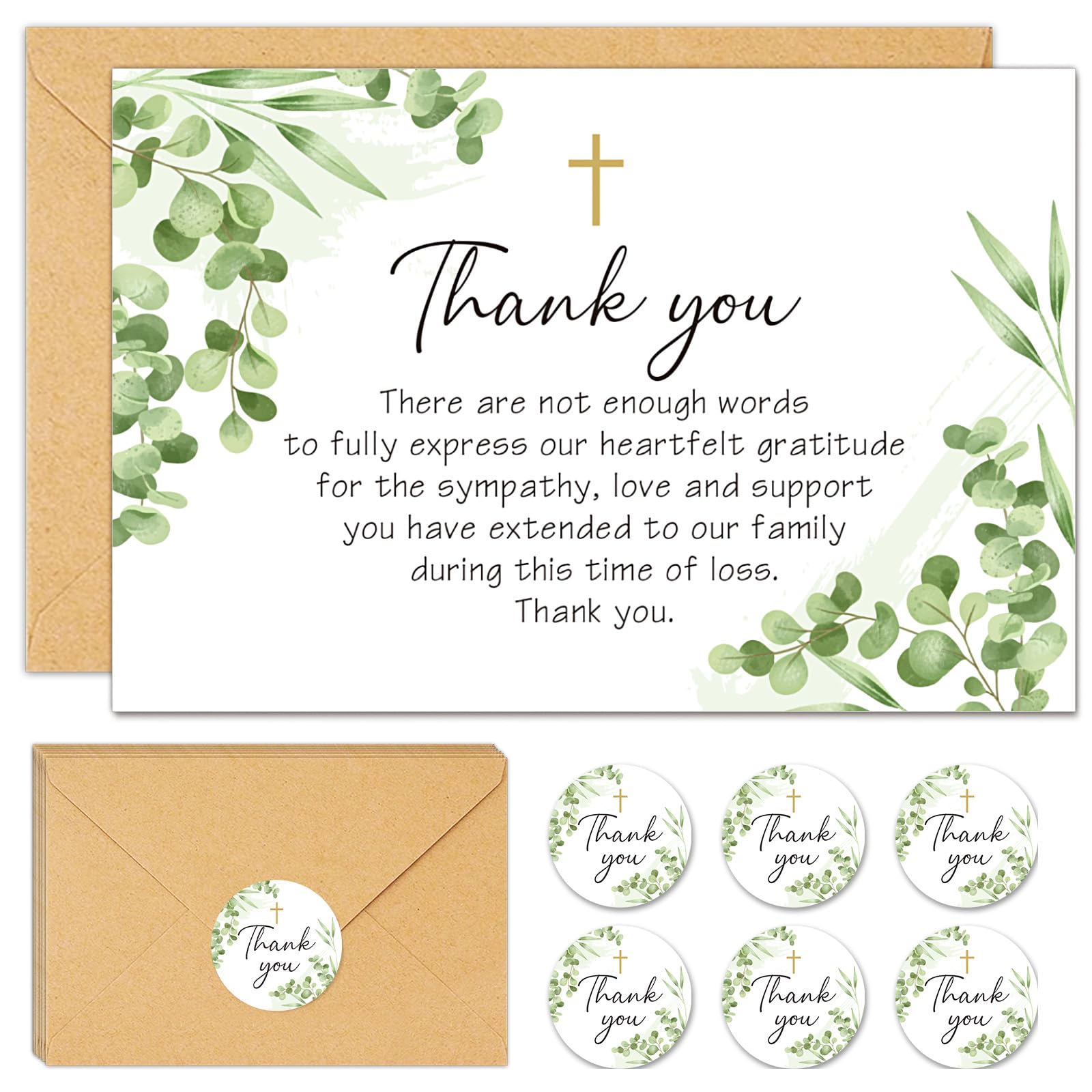 BYBOUS 50Pcs Funeral Sympathy Thank You Cards with Envelopes and Matching Seal Stickers, Green Leaf Cross Bereavement Card with Message for Memorial Service Loved Ones Celebration of Life