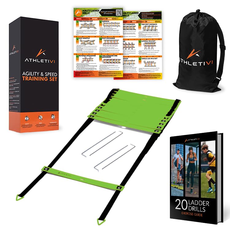 Athletivi Agility Training Equipment Set for Proffesional Training, Adults, Youth & Kids. Soccer & Footbal Training Set with Fixed-Rung Ladder - Enhance Speed, Power & Strength. (Green Set)