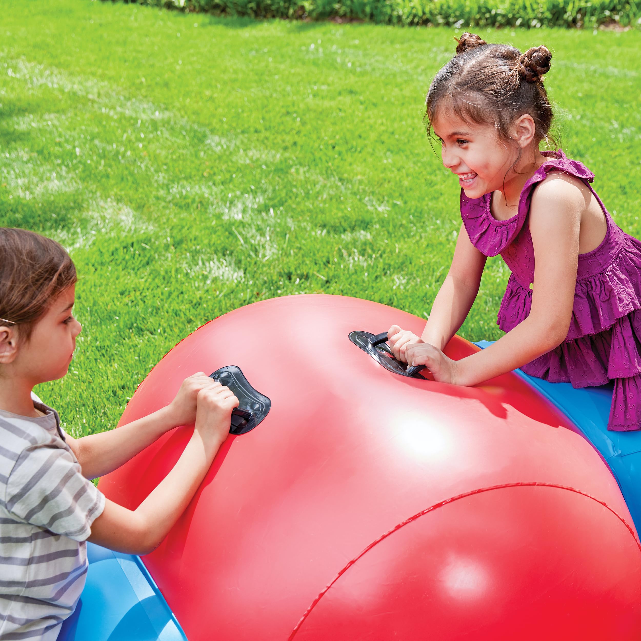 Hearthsong Large Inflatable Seesaw Rocker for Two, 60”L x 35”W x 24”H, Multicolor, Wide Front Handles with Backrest, Heavy-Duty Vinyl, Holds Up to 75 Lbs. Per Seat