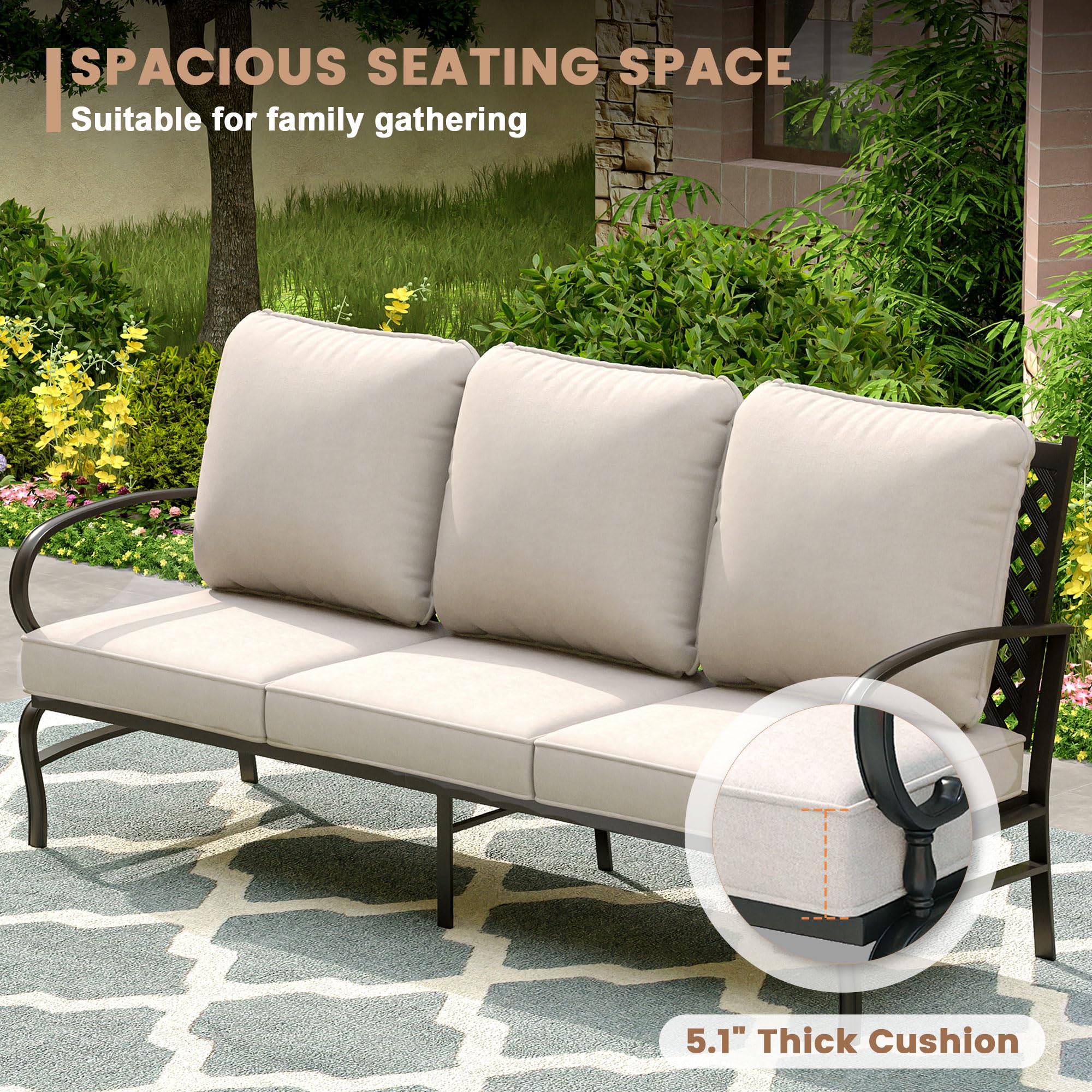 VICLLAX Patio Furniture Set 4 Pieces Outdoor Conversation Set, 3-Seat Sofa with 45" Ceramic Tabletop Fire Pit and 2 Swivel Sofa Chairs for Garden, Poolside, Backyard, Beige Cushion