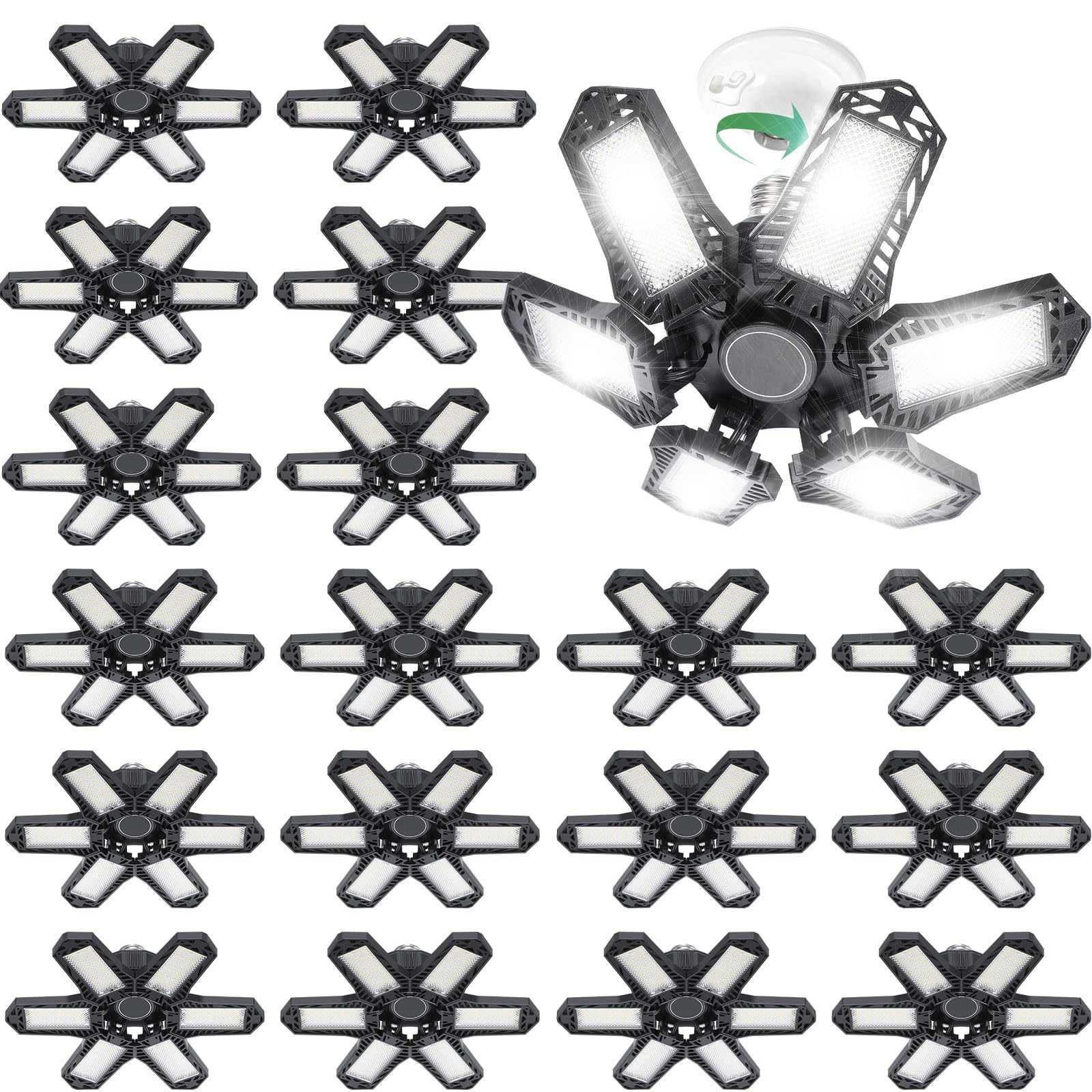 Retisee 6 Pcs LED Garage Lights 120w Deformable LED Garage Ceiling Lights with Adjustable Panels E26/E27 LED Garage Lights Bulb 12000lm Shop Lights for Garage Workshop Basement High Bay Light