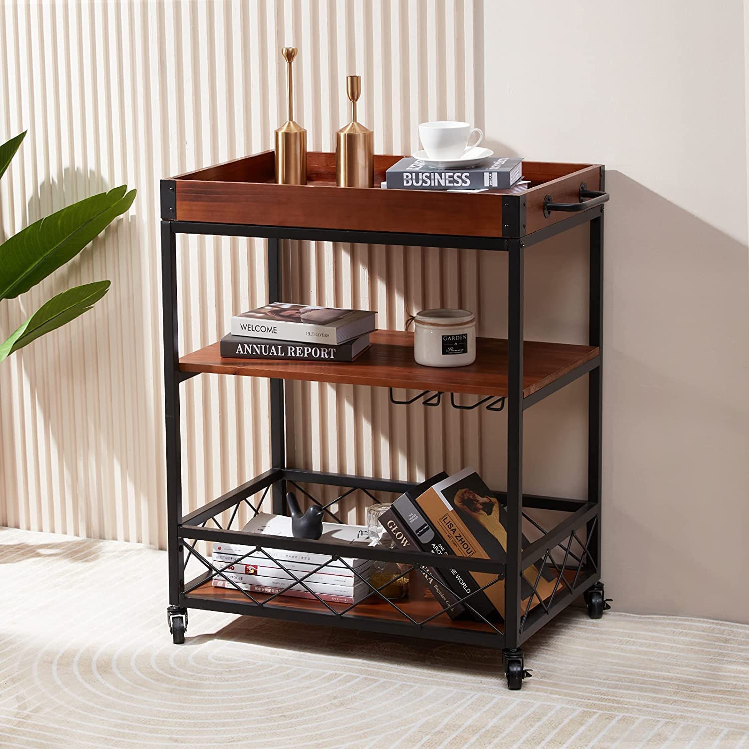 AVAWING Industrial Kitchen Serving Carts, 3 Tier Bar Cart Mobile Kitchen Island with Removable Wood Tabletop, Glass Holder, Removable Tray, Lockable Wheels for Kitchen, Dining Room, Living Room, Brown