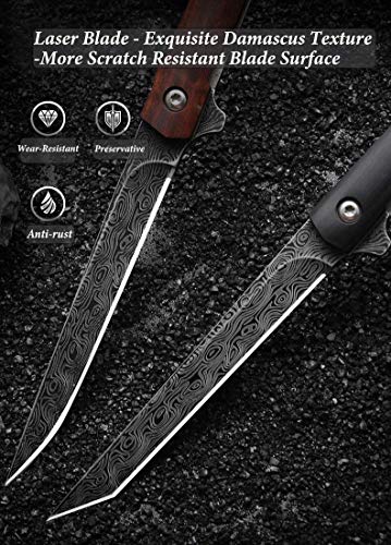 Carimee Double Action Pocket Knife Damascus Pattern D2 Stainless Laser Blade, Wood Handle, with Leather Sheath for Men and Women