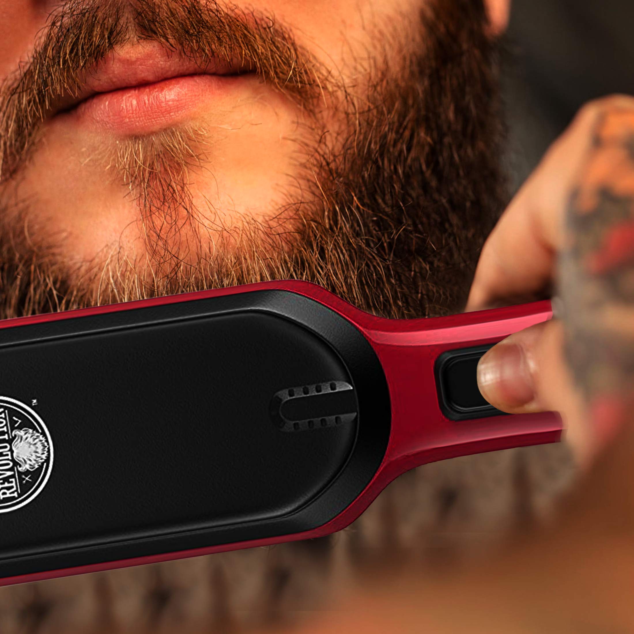 Beard Straightener Brush for Men - Fast Heating Ceramic and Ionic Mens Beard Straightener Comb - Heated Beard Brush - Includes Wooden Beard Comb & Beard Balm with Sandalwood Scent