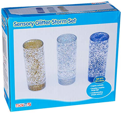 TickiT Sensory Glitter Storm - Set of 3 - Blue, Silver, Gold - Calming Glitter Tubes for Stress and Anxiety Relief - Encourage Focus and Concentration - Special Needs Toy