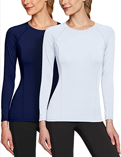 ATHLIO Women's Sports Compression Shirt, Cool Dry Fit Long Sleeve Workout Tops, Athletic Exercise Gym Yoga Shirts, 2pack White/Navy, Medium
