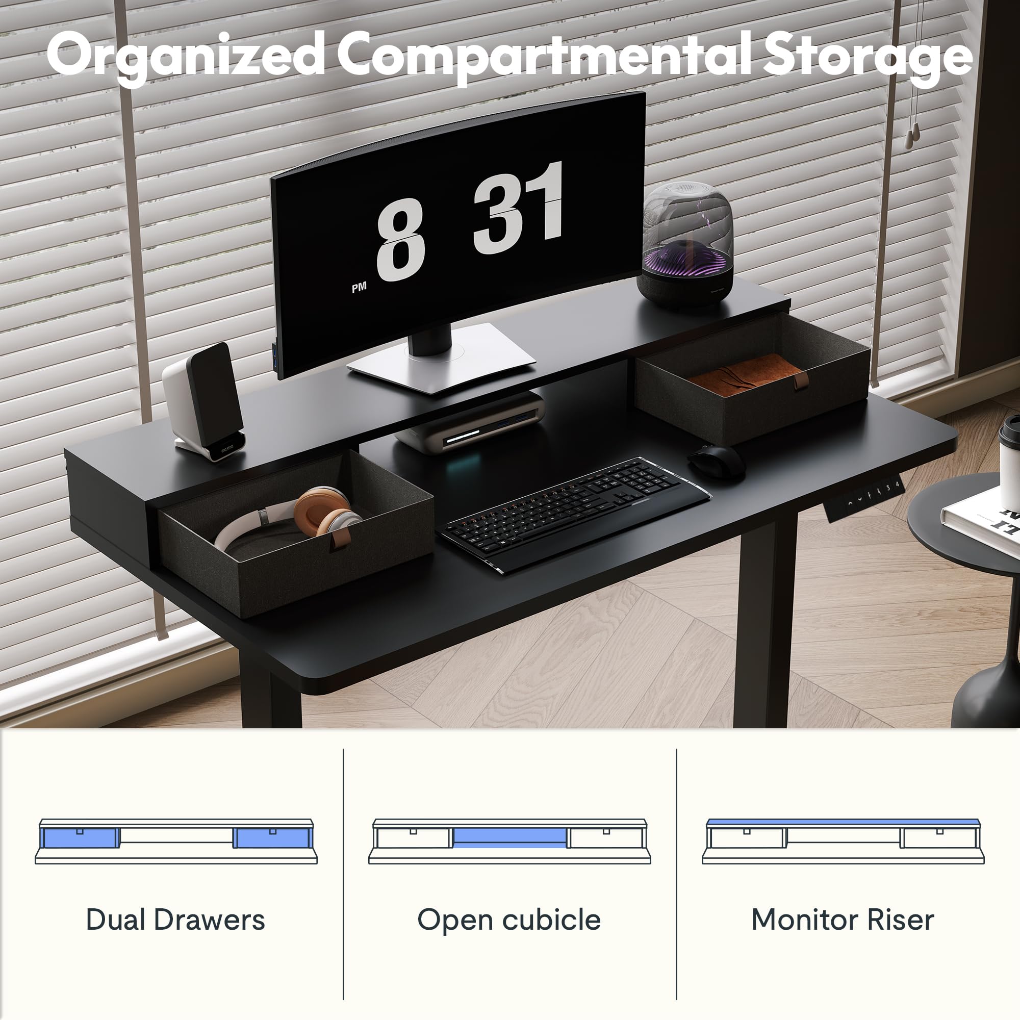 FLEXISPOT Electric Standing Desk with Drawer, Solid One-Piece Adjustable Height Desk with Storage Shelf, Ergonomic Monitor Stand for Computer Laptop (Black Frame/Black Top, 55 inch)