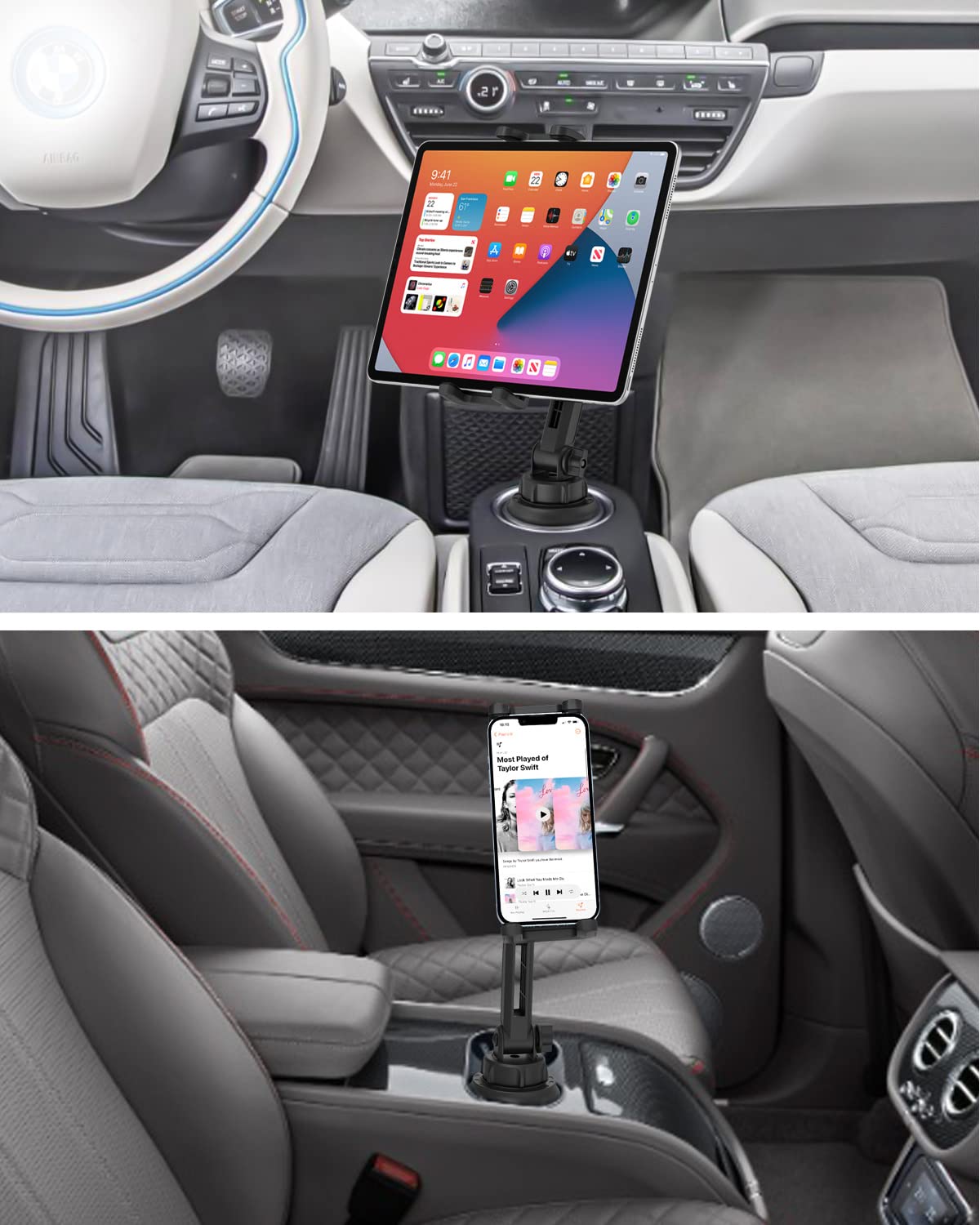 Car Cup Holder Tablet Mount for iPad, Multi-Angle Adjustable Truck Cup Mount Tablet Holder, Sturdy Vehicle Cup Stand Phone Cradle for iPad 12.9 Pro Air Mini, Galaxy Tabs, iPhone, 4-13" Tablets