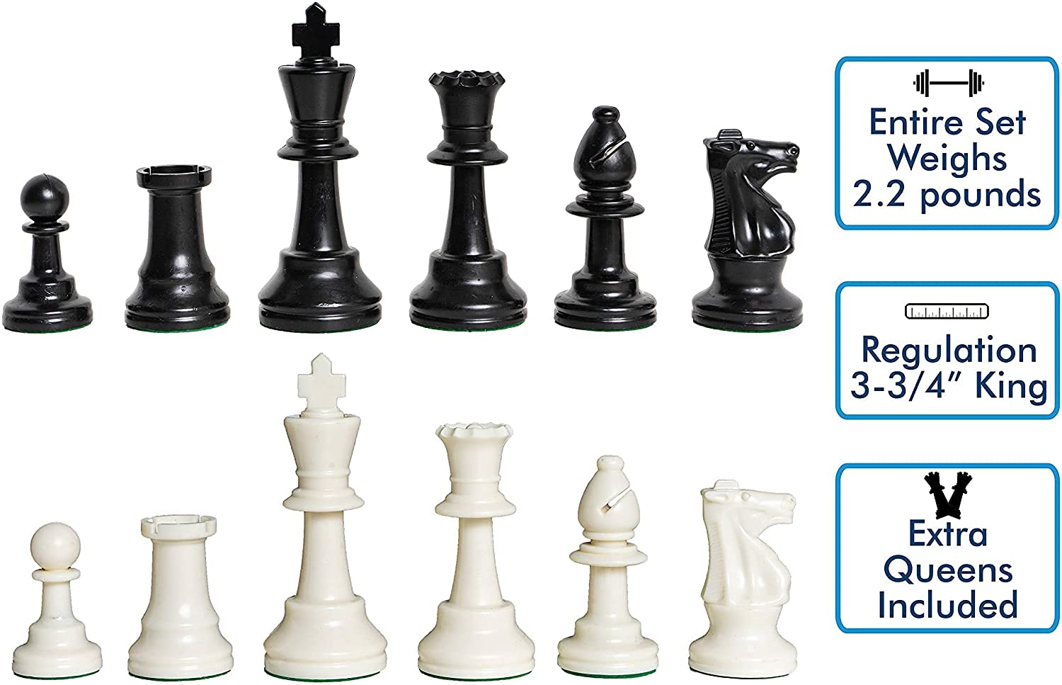 US Chess Federation's Triple Weighted Tournament Staunton Black and White Plastic Chess Pieces - 3.75" King