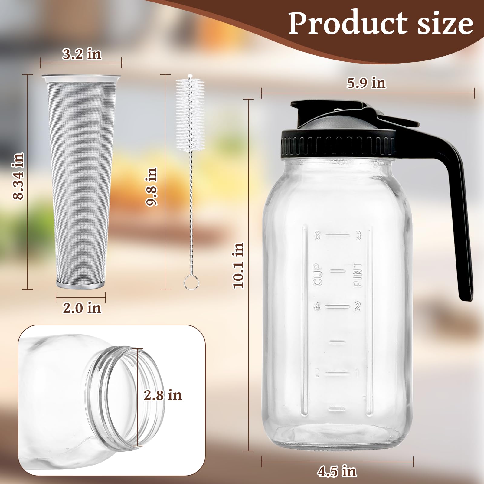 batoybeni Cold Brew Coffee Maker 64 oz (2 Quart / 1.9 Liter) Mason Jar - Wide Mouth Pitcher with Handle & Stainless Steel Filter for Coffee, Iced Tea, Sun Tea, Lemonade, and Homemade Fruit Drinks