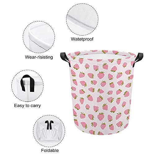 Strawberries Pink Stripes Laundry Storage Basket Waterproof Foldable Laundry Hamper with Handles for Baby Nursery College Dorms Kids Bedroom
