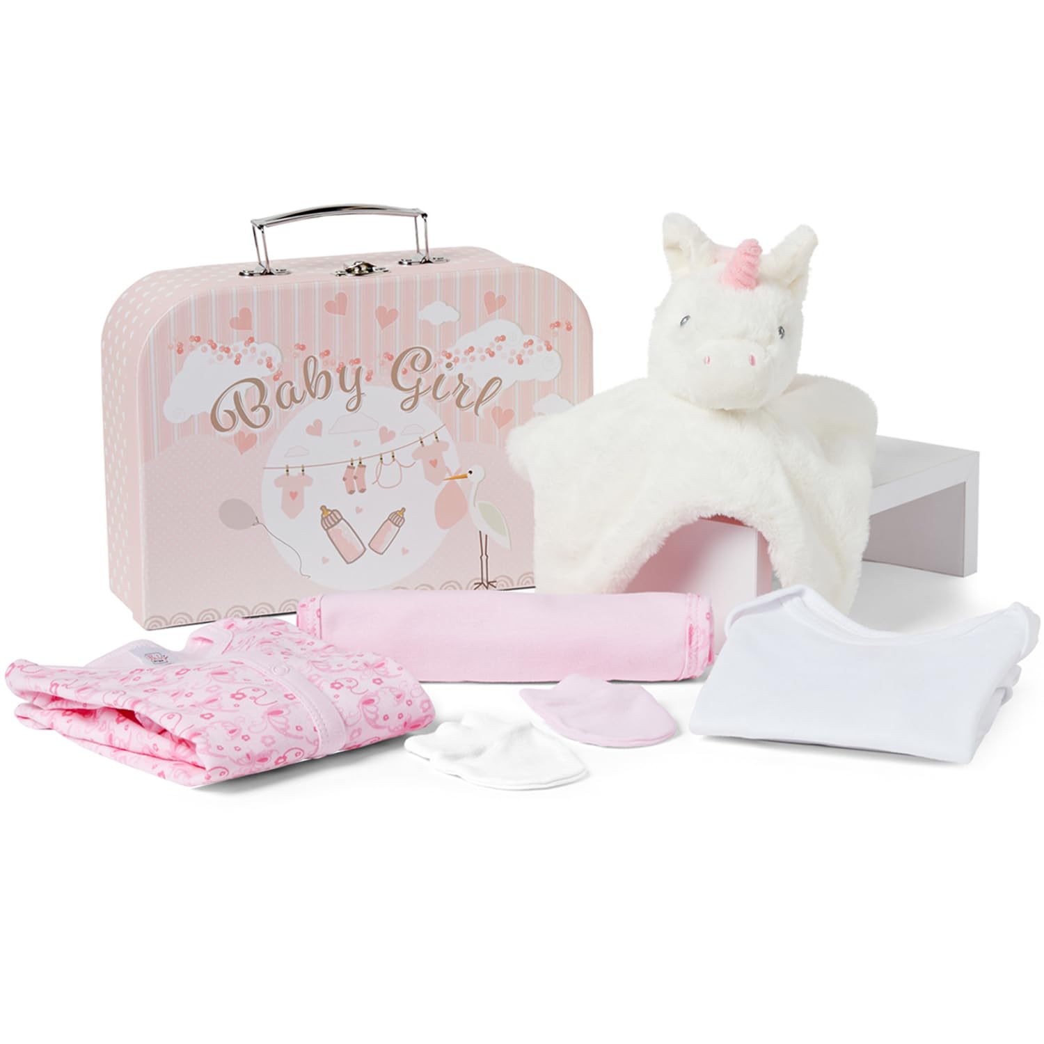 Baby Gift Set in Pink - Hamper for Baby Girl with Newborn Essentials Including a Comforter, Bodysuit, Sleepsuit, Cotton Bib and Mittens