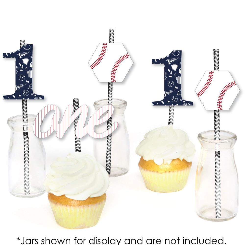 Big Dot of Happiness 1st Birthday Batter Up - Baseball - Paper Straw Decor - First Birthday Party Striped Decorative Straws - Set of 24