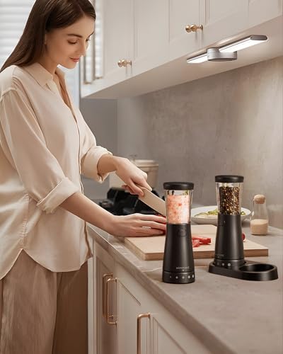 Electric Salt and Pepper Grinder Set with 4.5oz Large Capacity, Stainless Steel Rechargeable Salt and Pepper Grinder with 1.8" Wide Mouth, Storage Base,Adjustable Coarseness, and One-Hand Operation
