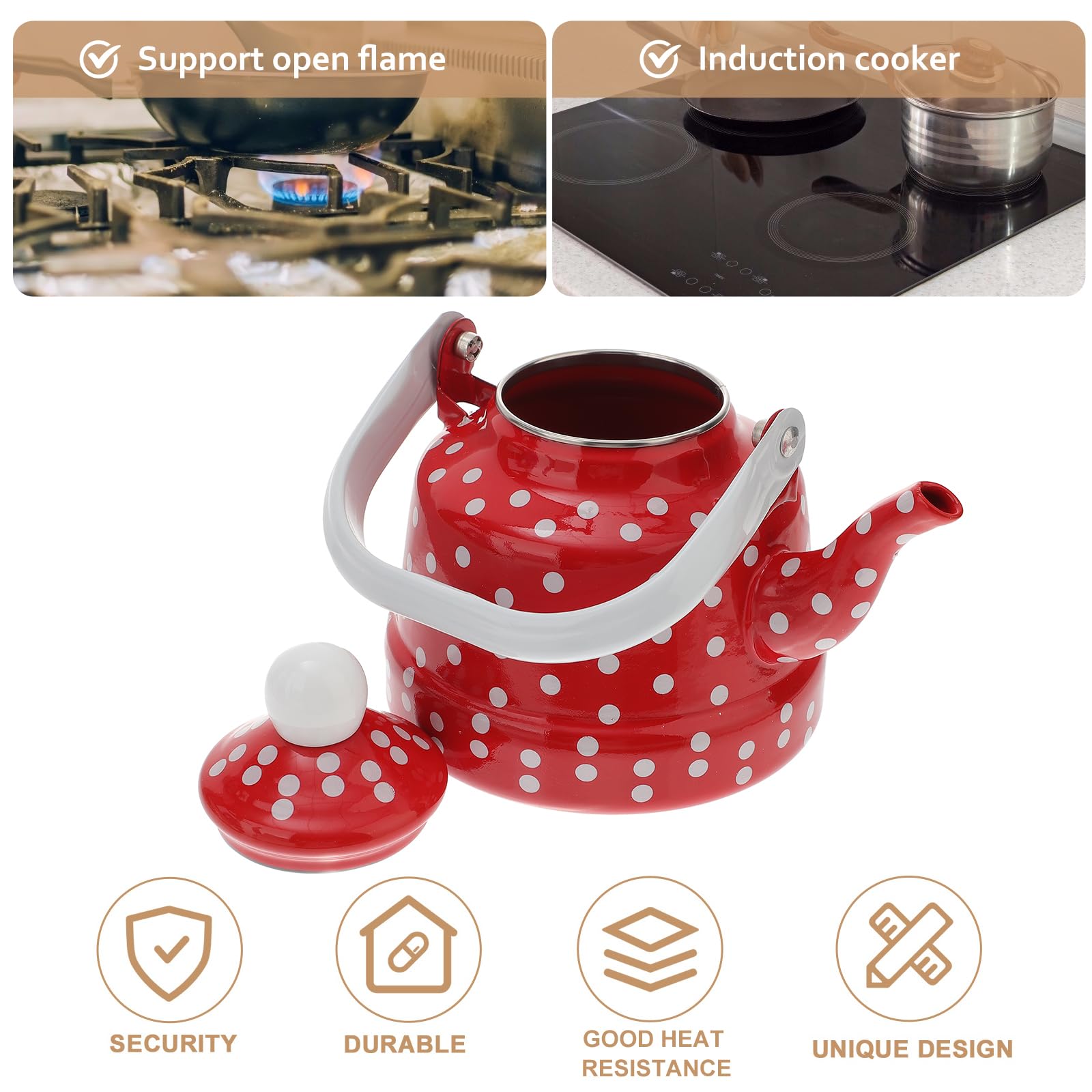 Cabilock 1.1Quart Enamel Tea Kettle Tea Pot: Red Teapot Stovetop Porcelain Teapot Kettle Red Tea Kettle for Stove Top with Handle for Stovetop Hot Water Boiler