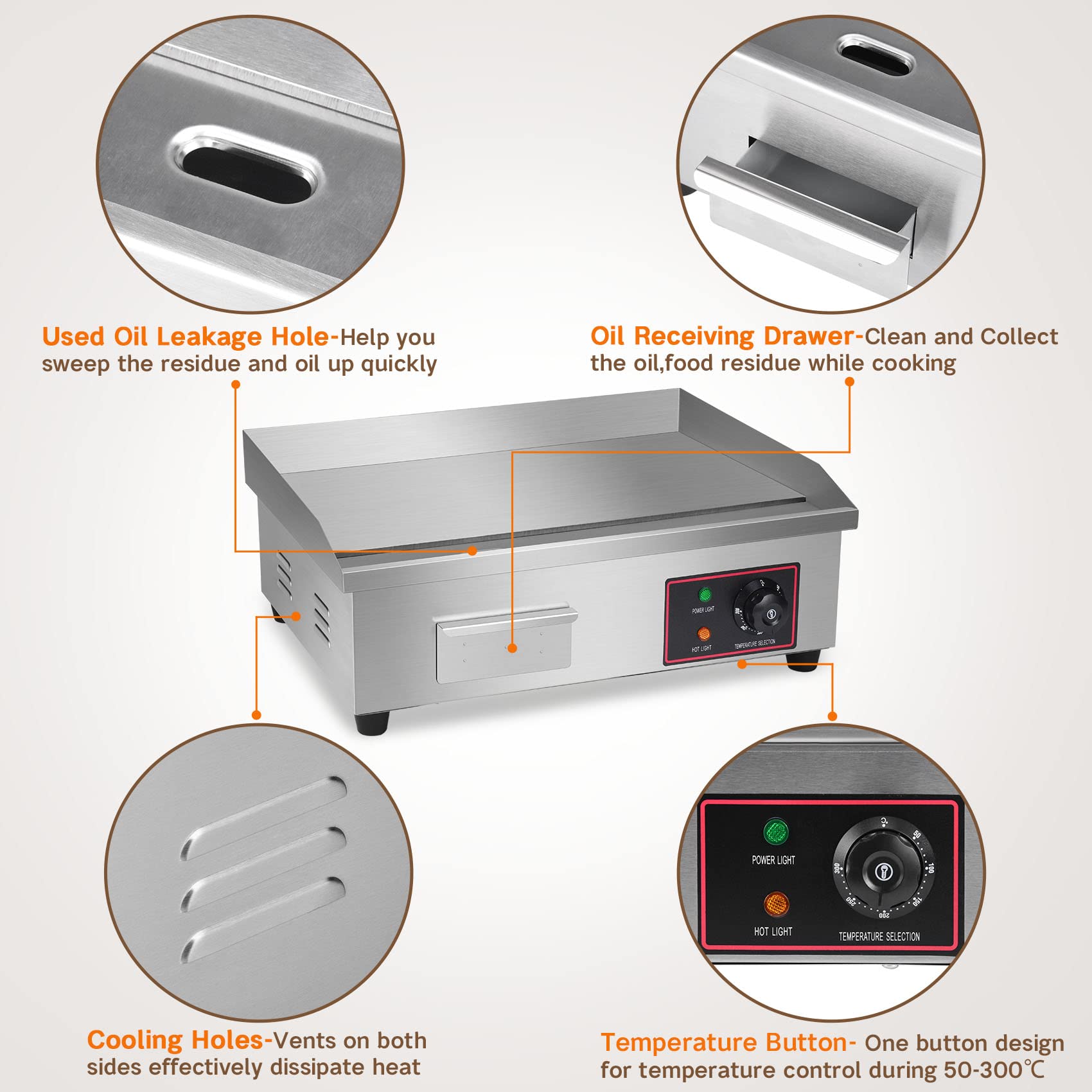 PNKKODW 3000W Commercial Griddle,22βx14β Electric Griddles Grill,Commercial Flat Top Griddle Countertop Griddle Hot Plate Kitchen Stainless Steel Restaurant Grill with Griddle Accessories