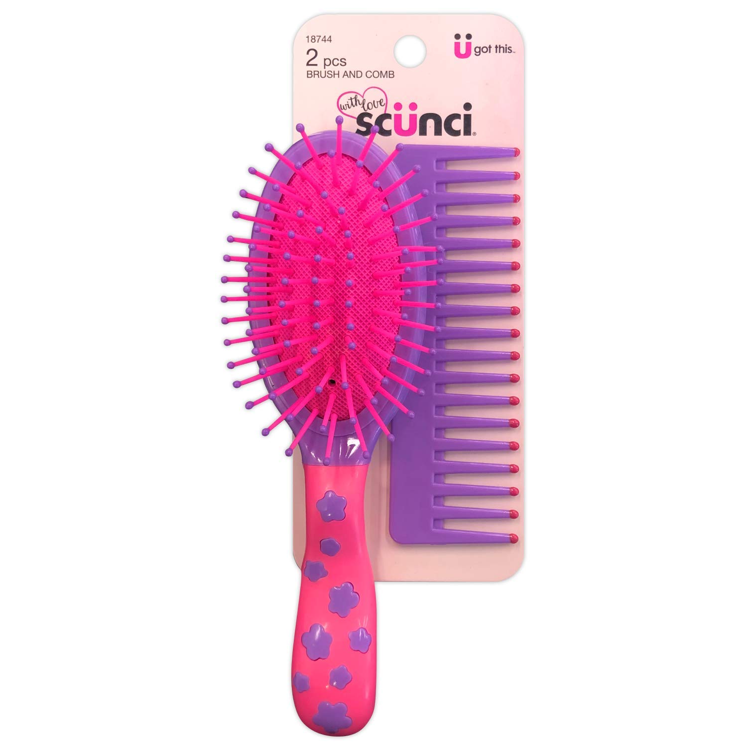 Scunci 2-Piece Girl Set Cushion Brush and Comb in Assorted Colors (1-Pack)