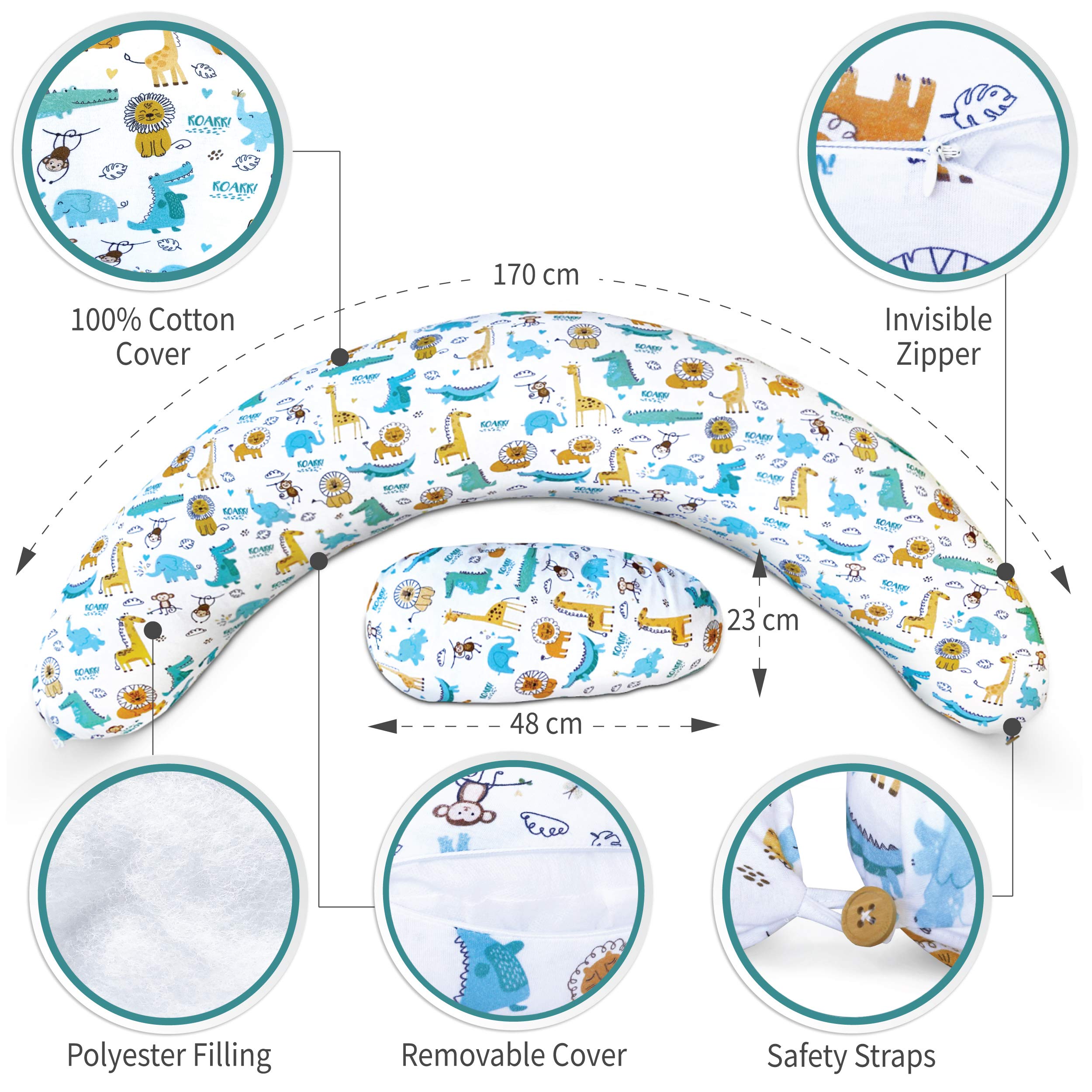 Bamibi® Pregnancy Pillow - Full Body Support Maternity Pillow for Sleeping – Providing Support for Adults and Pregnant Women Back, Hips, Legs & Belly - Removable 100% Cotton Cover (Animals)