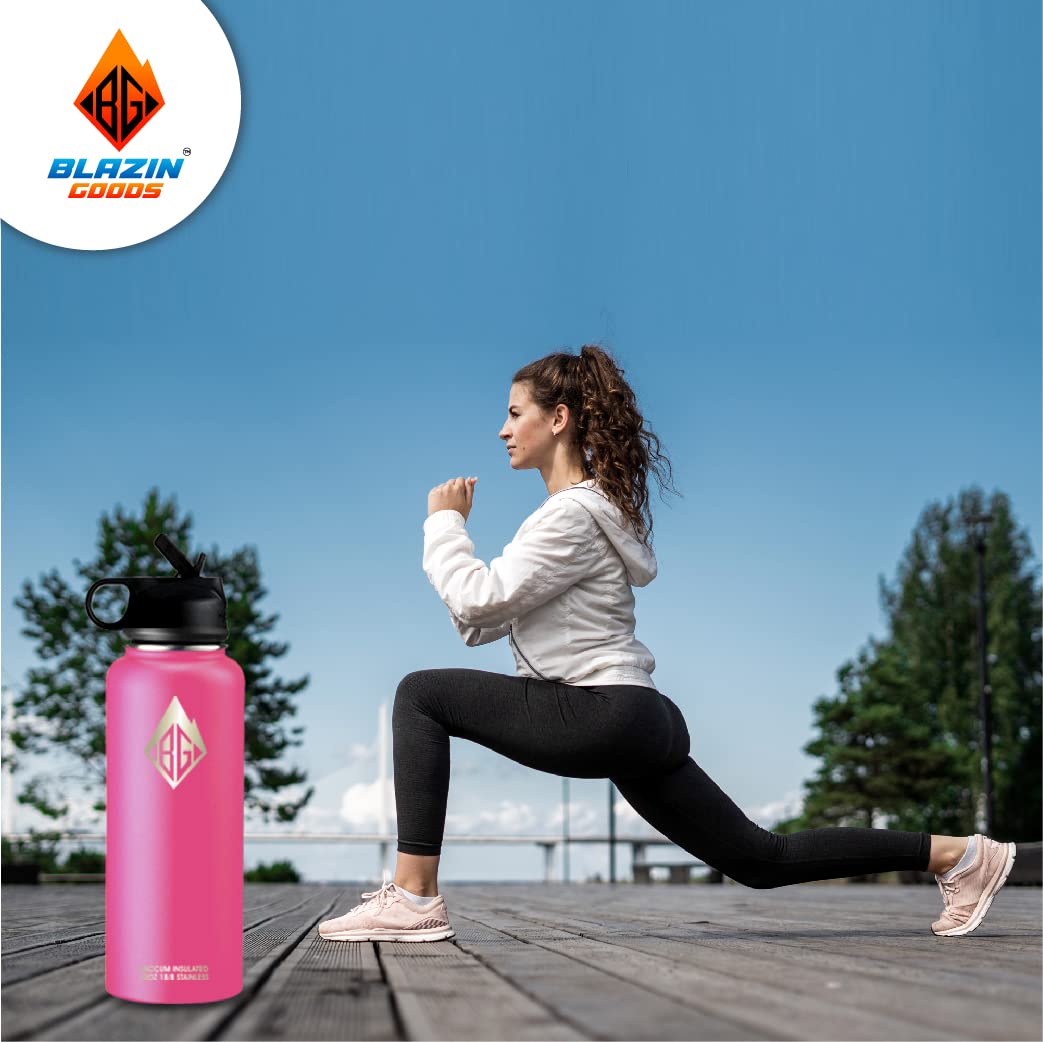 Blazin Goods 24oz Stainless Steel, Leak Proof, Vacuum Insulated Stainless Steel, Double Walled Water Bottle | 3 Lids, 2 Straws, 1 Wire cleaning brush (Pink)