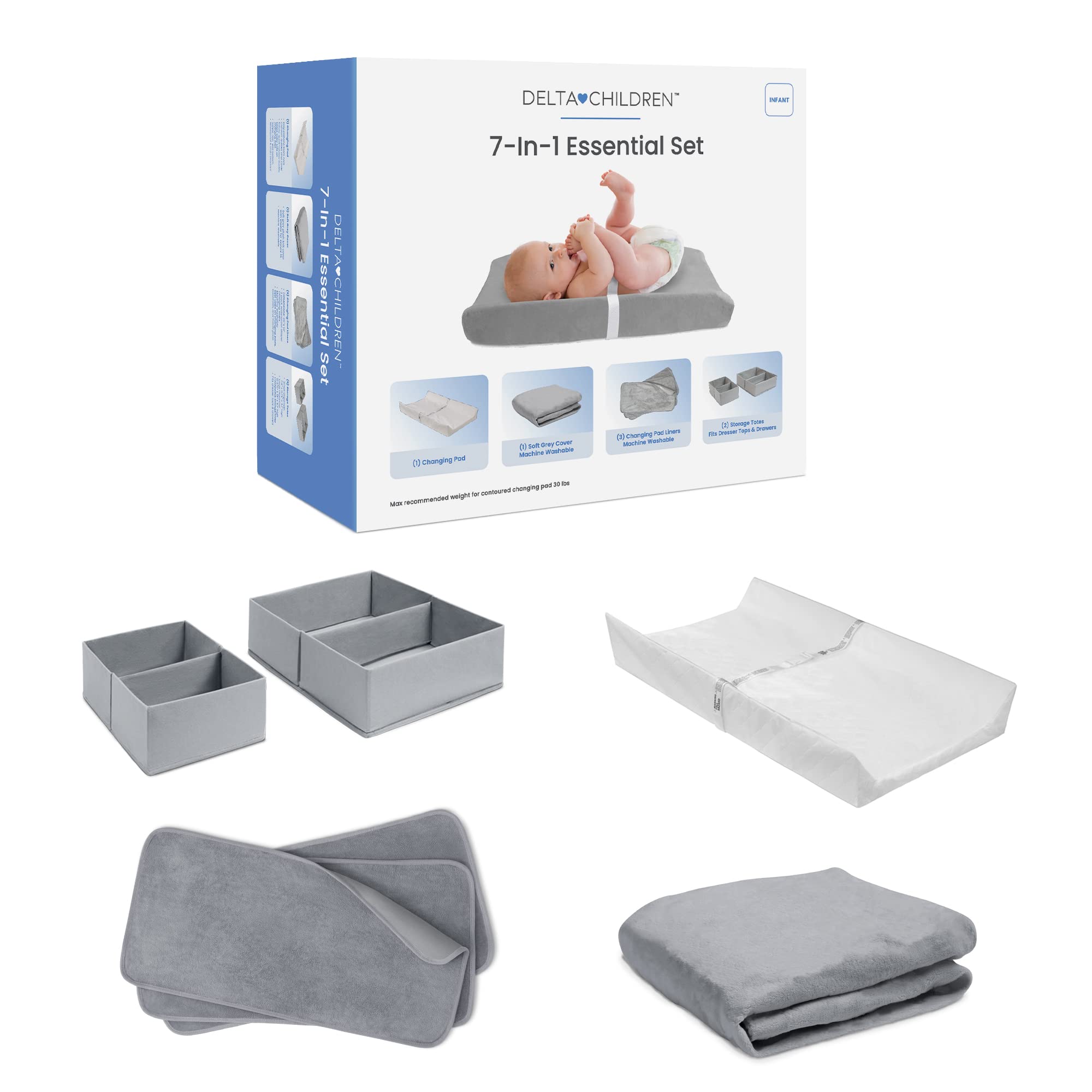Delta Children 7-Piece Essential Changing Table Set - Newborn Baby Gift Set for Boys and Girls โ Set Includes Changing Pad, Plush Changing Pad Cover, 3 Changing Pad Liners and 2 Storage Bins, Grey