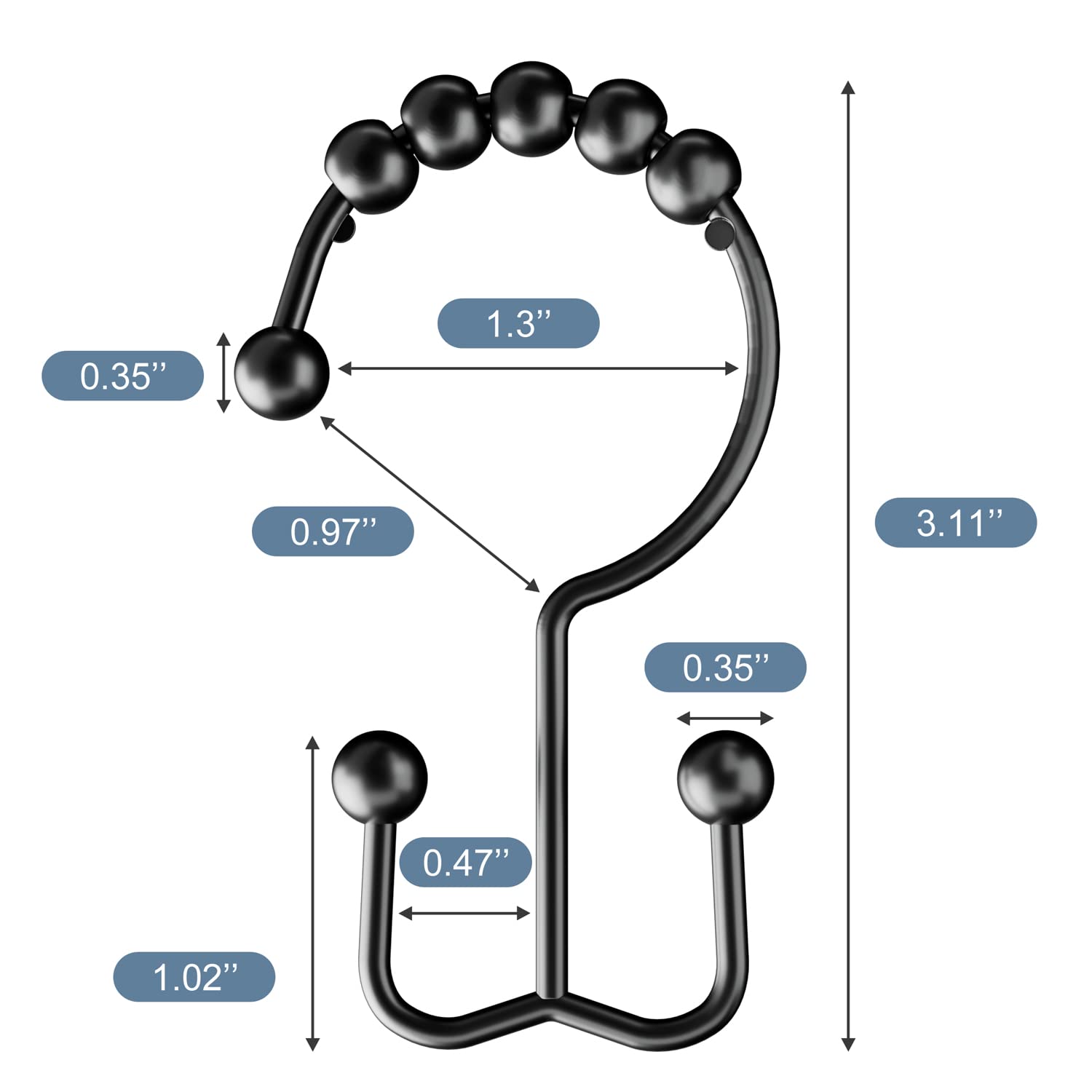 BBLHOME Shower Curtain Hooks Rings, Sturdy Shower Curtain Hooks Rings Rust Proof Metal Double Sided Shower Hooks Rings for Bathroom Shower Curtain Rod Curtains, Set of 12 Hooks, Black
