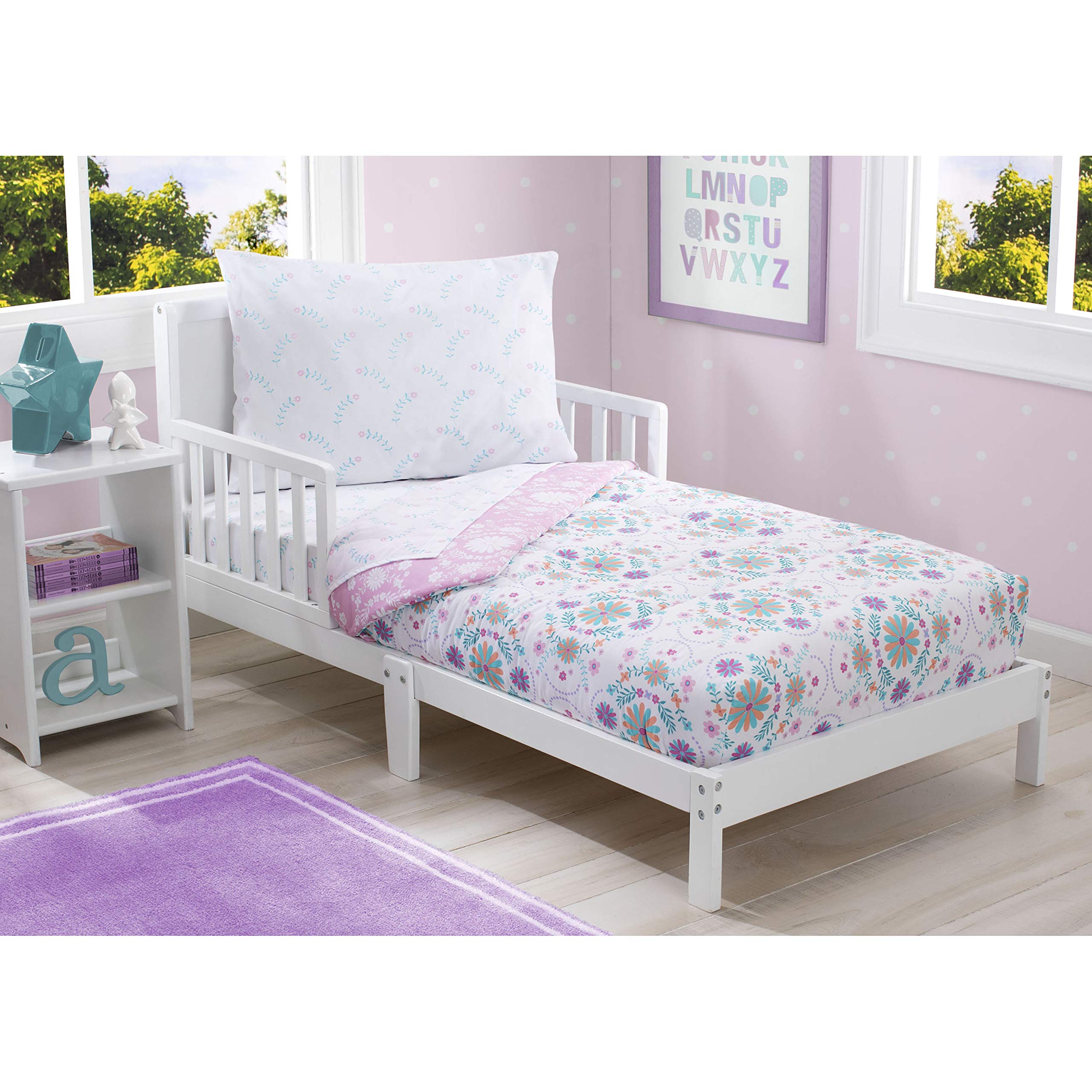 Delta Children 4 Piece Toddler Bedding Set for Girls - Reversible 2-in-1 Comforter - Includes Fitted Comforter to Keep Little Ones Snug, Bottom Sheet, Top Sheet, Pillow Case - Pink Bohemian