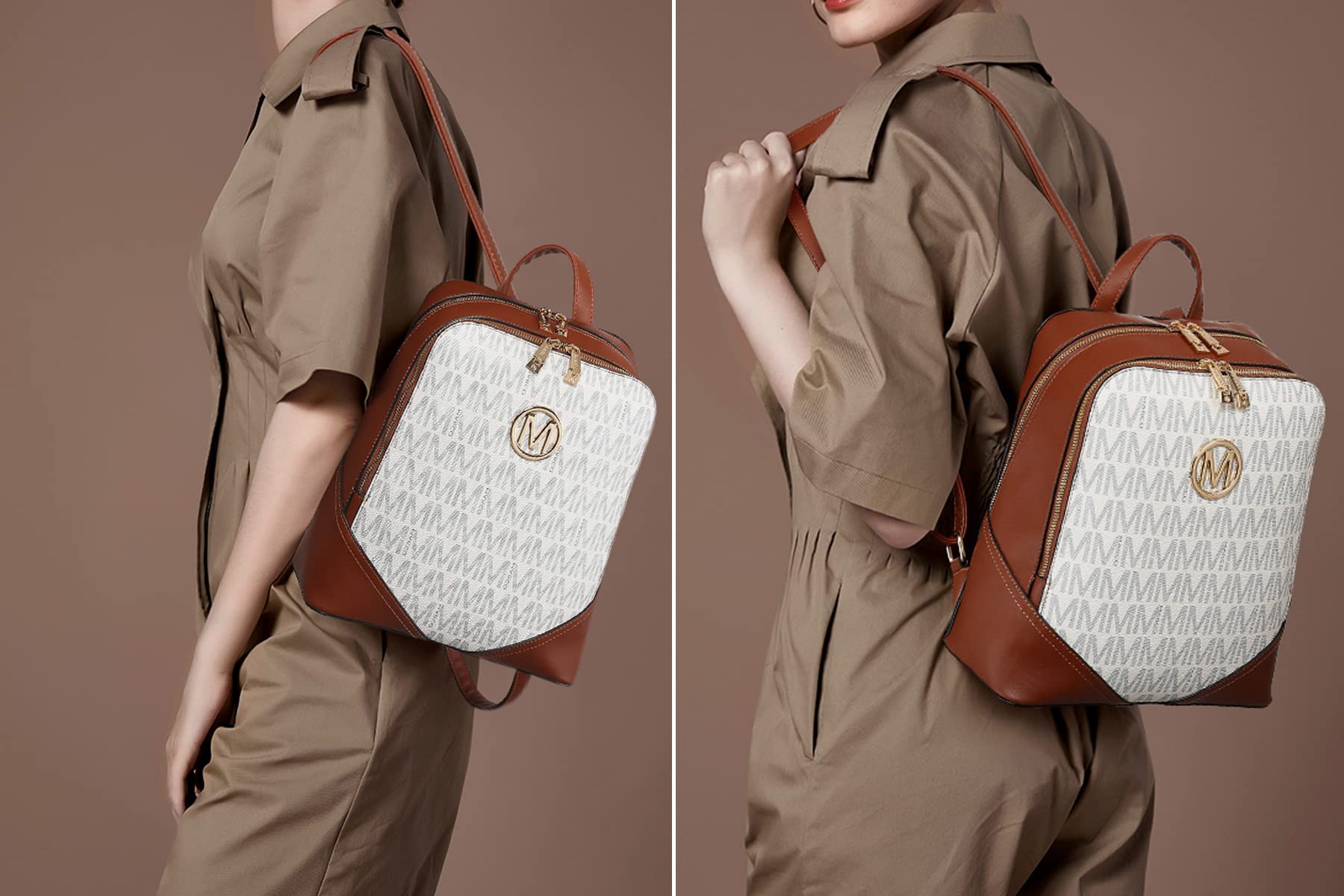 MKP Women Fashion Medium Anti-theft Backpack Purse (Beige and White)
