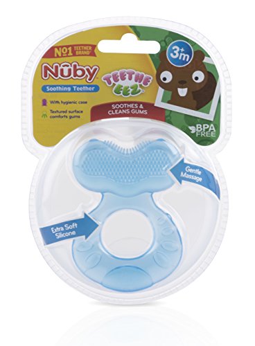 Nuby Silicone Teethe-eez Teether with Bristles, Includes Hygienic Case, Blue