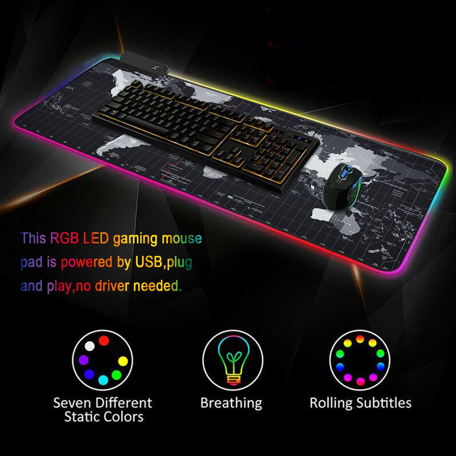 Roxooze Gaming Mouse Pad,Extra Large RGB Mouse Pad with Non-slip Rubber Base,Extended XL Led Desk Mat Ultra Smooth Surface Waterproof for Computer Laptop Home PC Gamer 35.43 x 15.75inch(World Map)