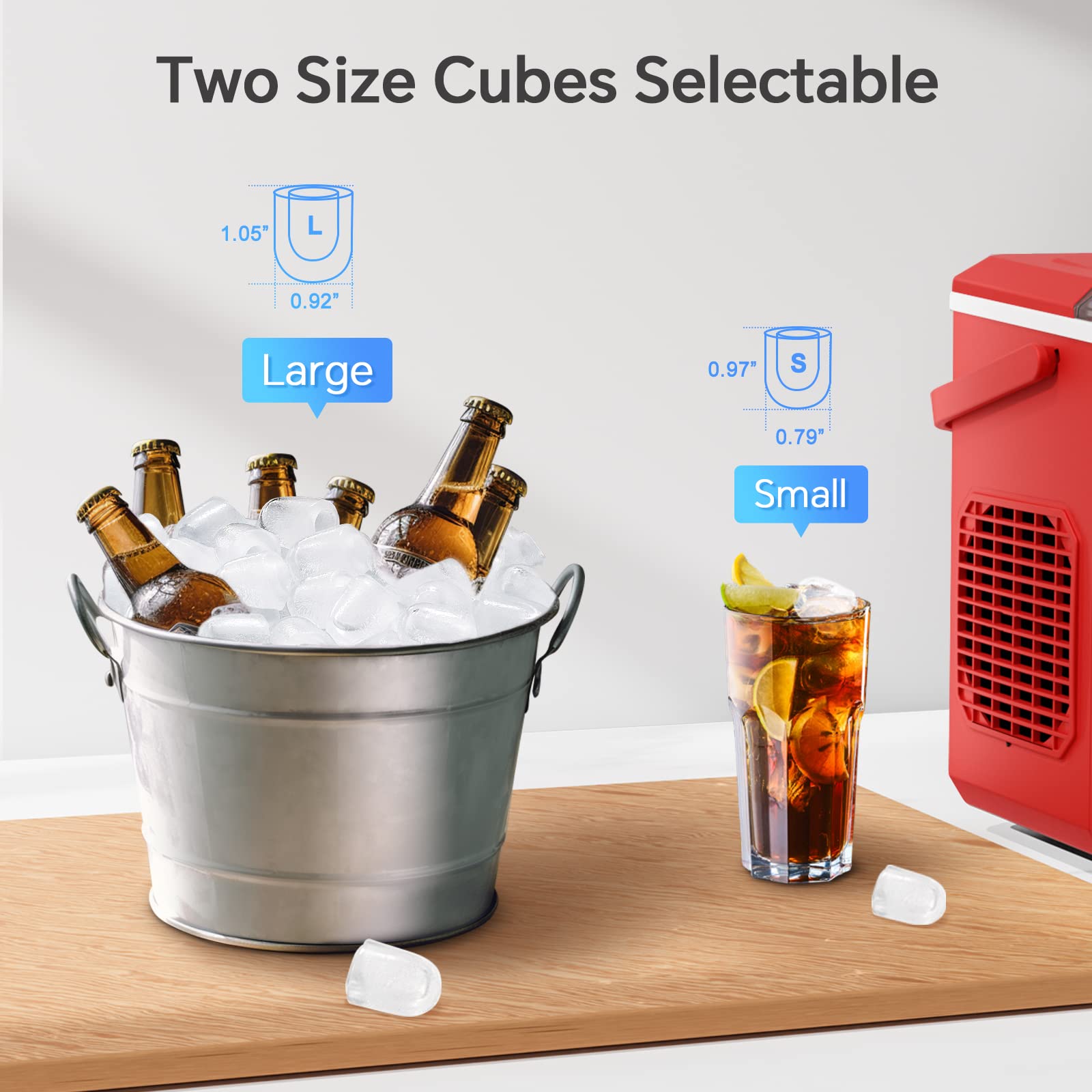Crzoe Ice Makers Countertop, Ice Machine with Handle, 26Lbs in 24Hrs, 9 Cubes Ready in 6 Mins, Self-Cleaning Portable Ice Maker, 2 Sizes of Bullet Ice Cubes for Home and Office(RED)