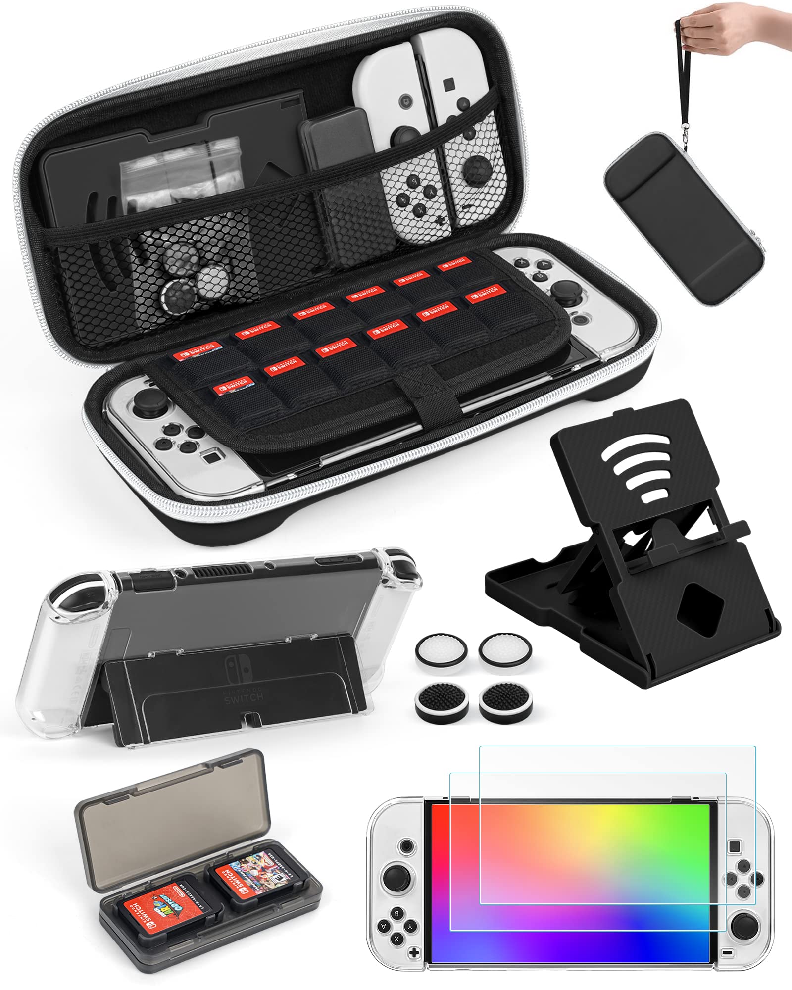 RTTACRTT Carrying Case for Nintendo Switch OLED, Hard Shell Travel Carrying Case for Nintendo Switch with Case, HD Screen Protector, Stand, Thumb Grips