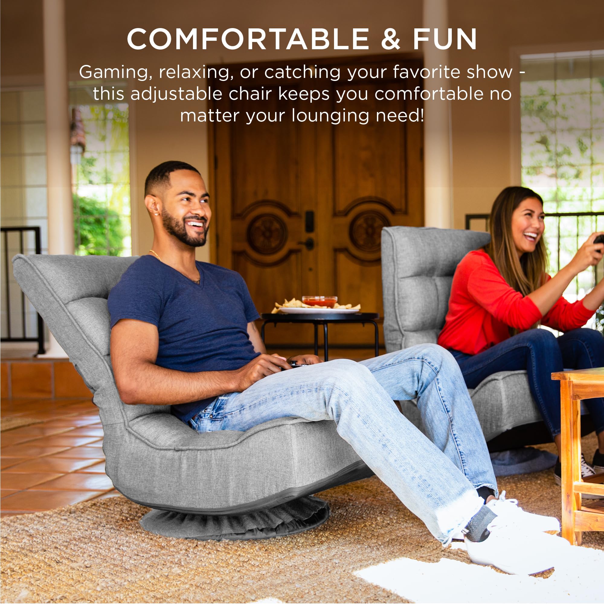 Best Choice Products Reclining Folding Floor Gaming Chair for Home, Office, Lounging, Reading w/ 360-Degree Swivel, 4 Adjustable Positions, Tufted Cushions - Gray
