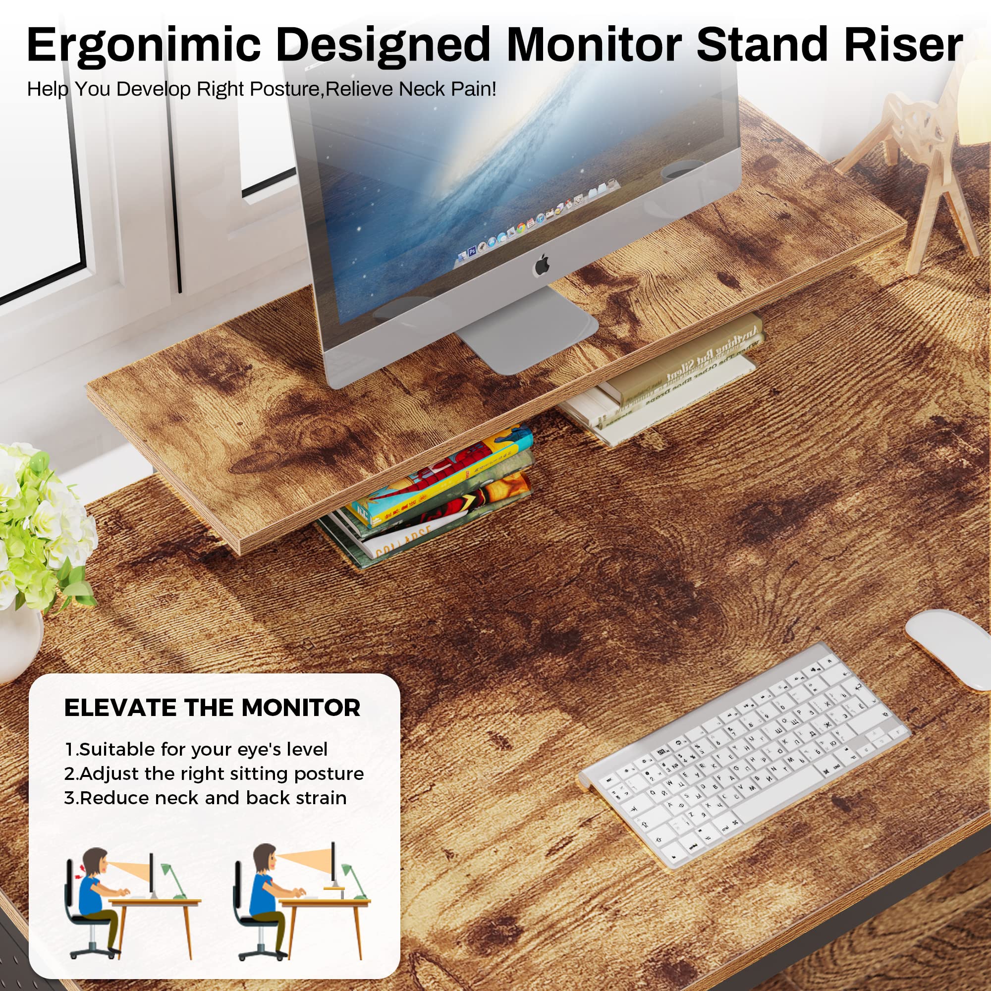 DESIGNA 55 Inch Home Office Computer Desk with Monitor Stand Storage Shelves, Study Writing Moder PC Computer Gaming Desk Large Workstation with 2 Hooks & Storage Bag,Easy Assembly,Rustic Brown/Black
