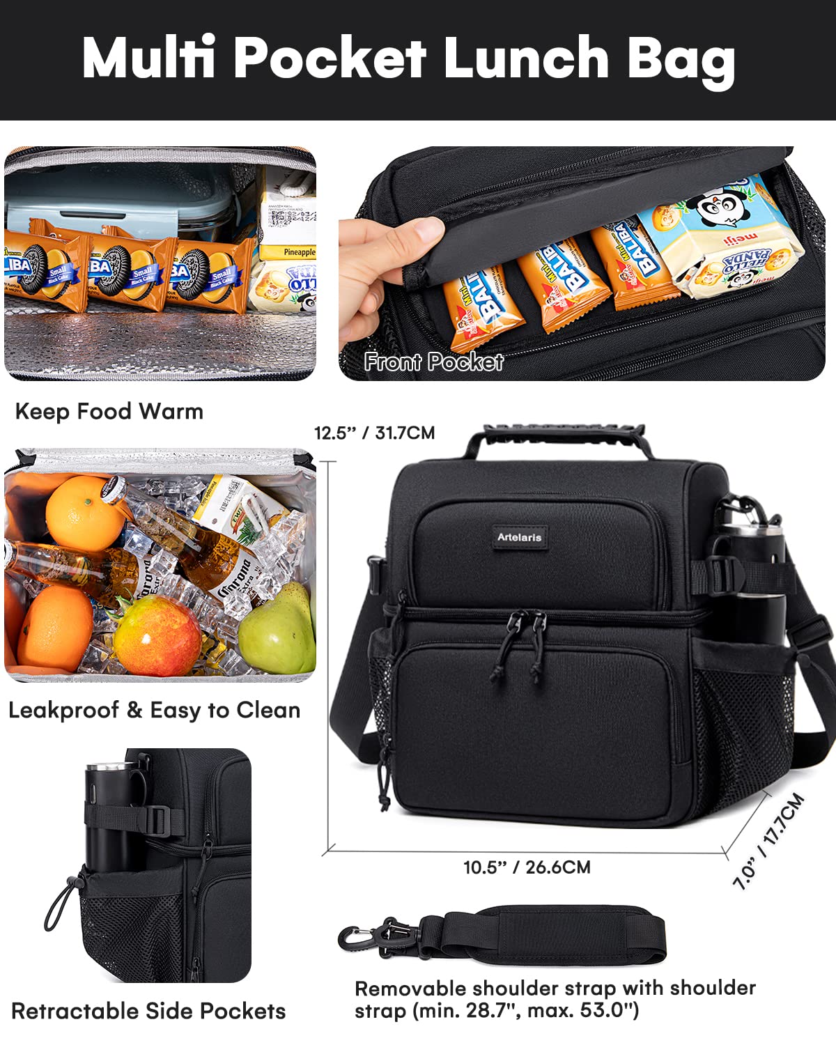 Artelaris Lunch Bag for Men Women, Dual Compartment Insulated Lunch Bag, Large Double Deck Leakproof Cooler Tote Bag with Side Pockets & Shoulder Strap Lunch Box for Picnic Work Camping Fishing