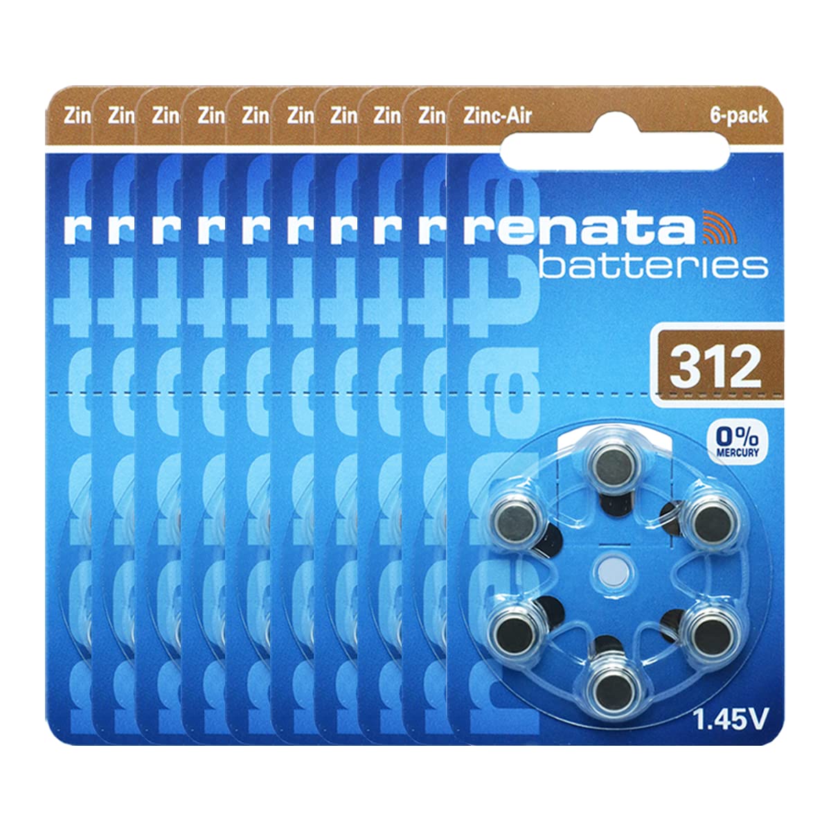 Renata Size 312 Zinc Air 1.45V Hearing Aid Battery - Designed in Switzerland (60 Batteries)